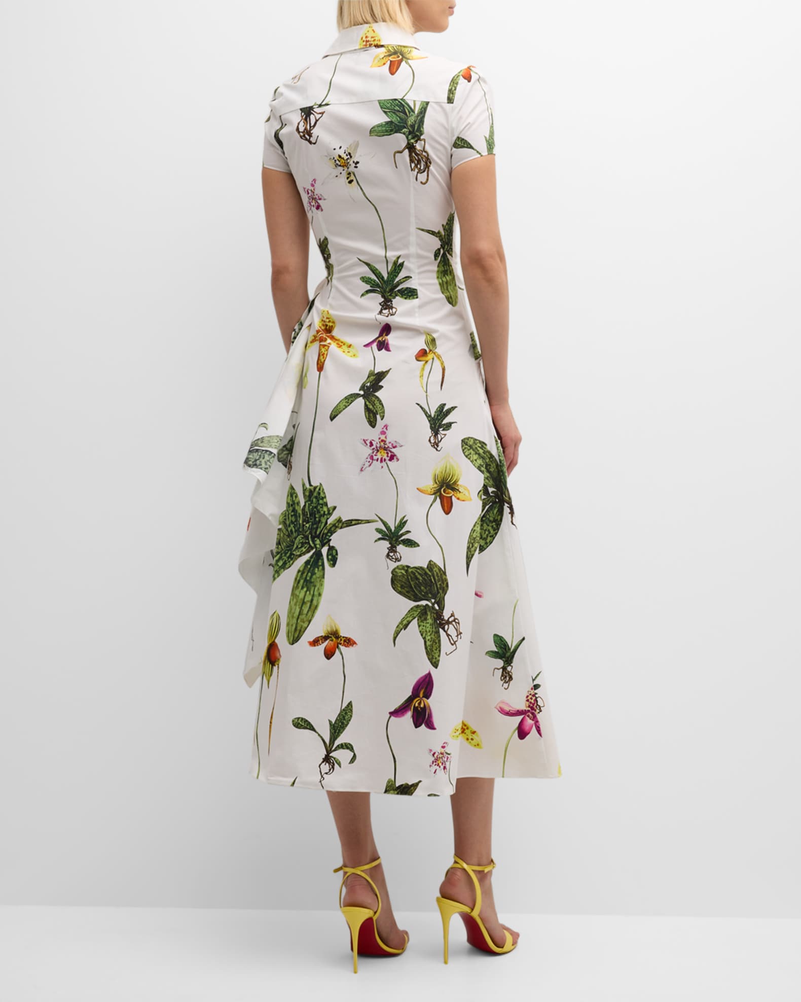 Oscar de la Renta Orchid Print Poplin Midi Dress with Sash Detail ...