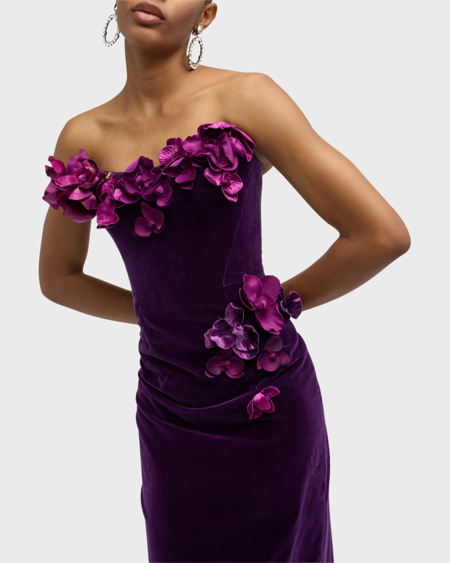 Oscar de la Renta Strapless Satin Orchid Velvet Gown | Neiman Marcus