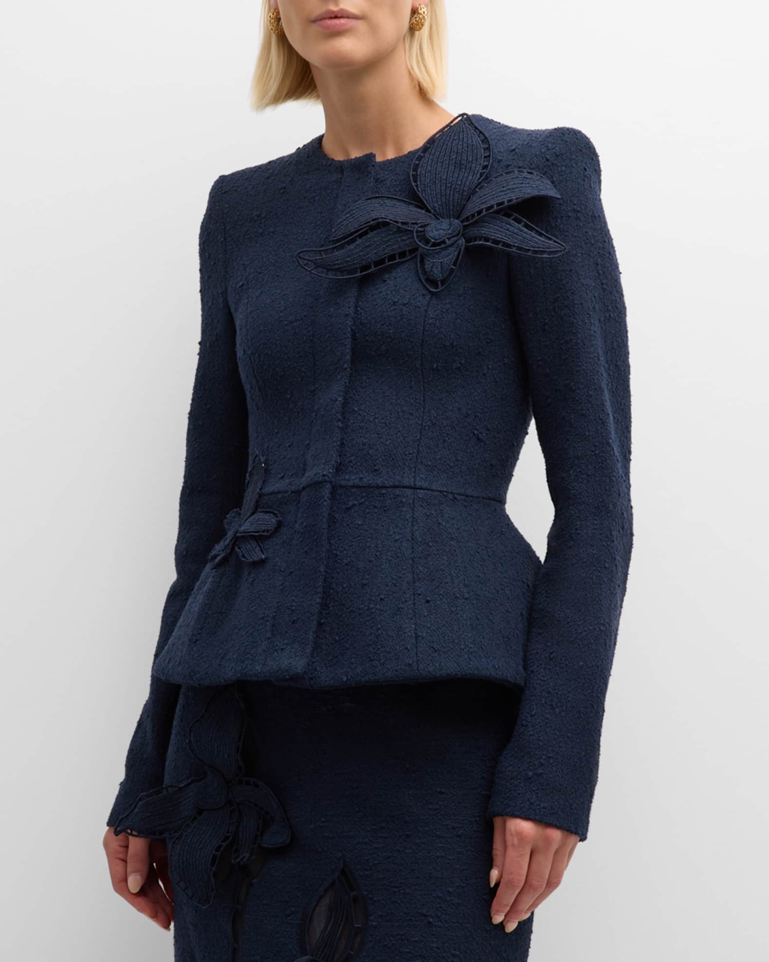 Oscar de la Renta Peplum Orchid Applique Wool Tweed Jacket | Neiman Marcus