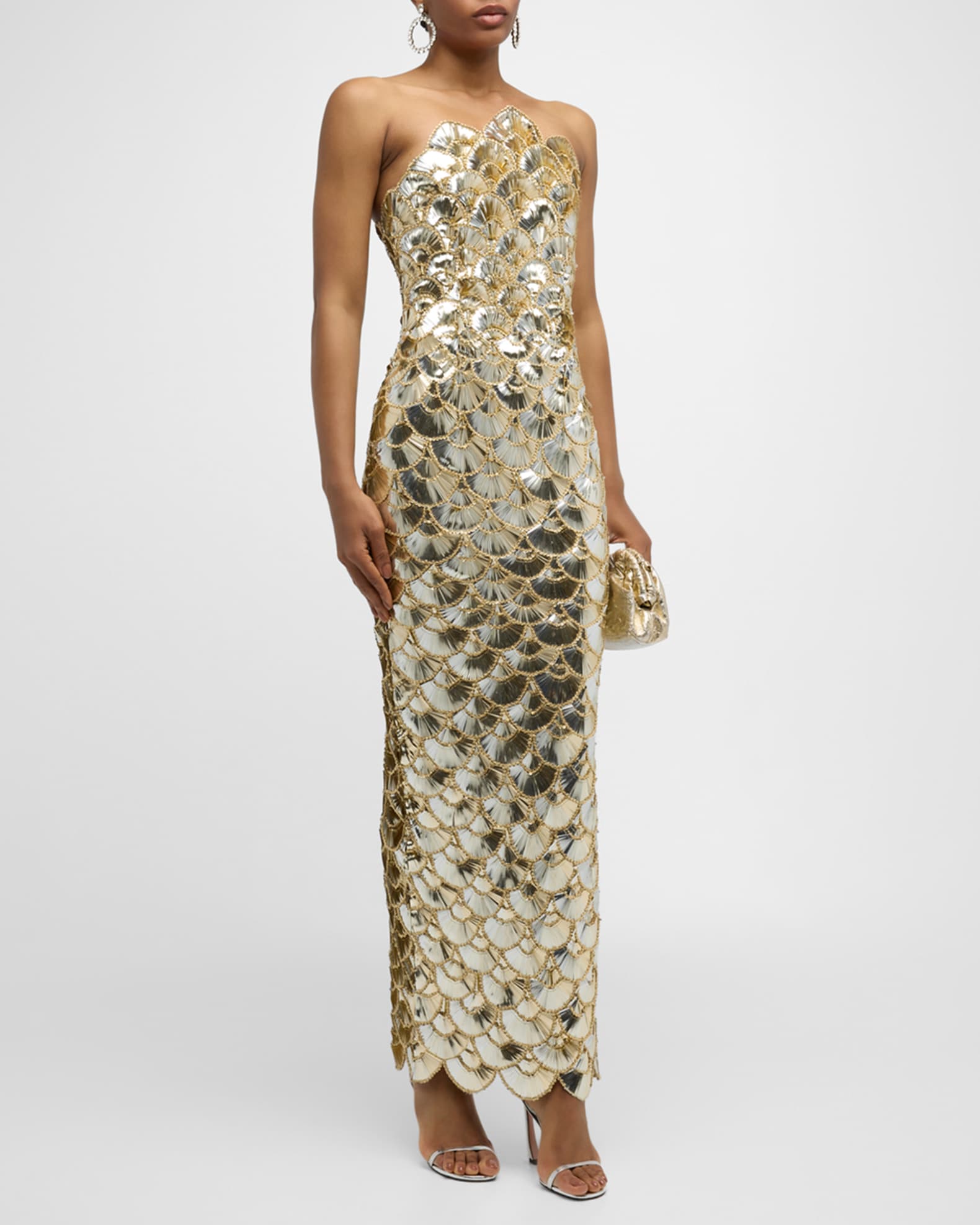 Oscar de la Renta Strapless Sequined Scallop Column Gown | Neiman Marcus