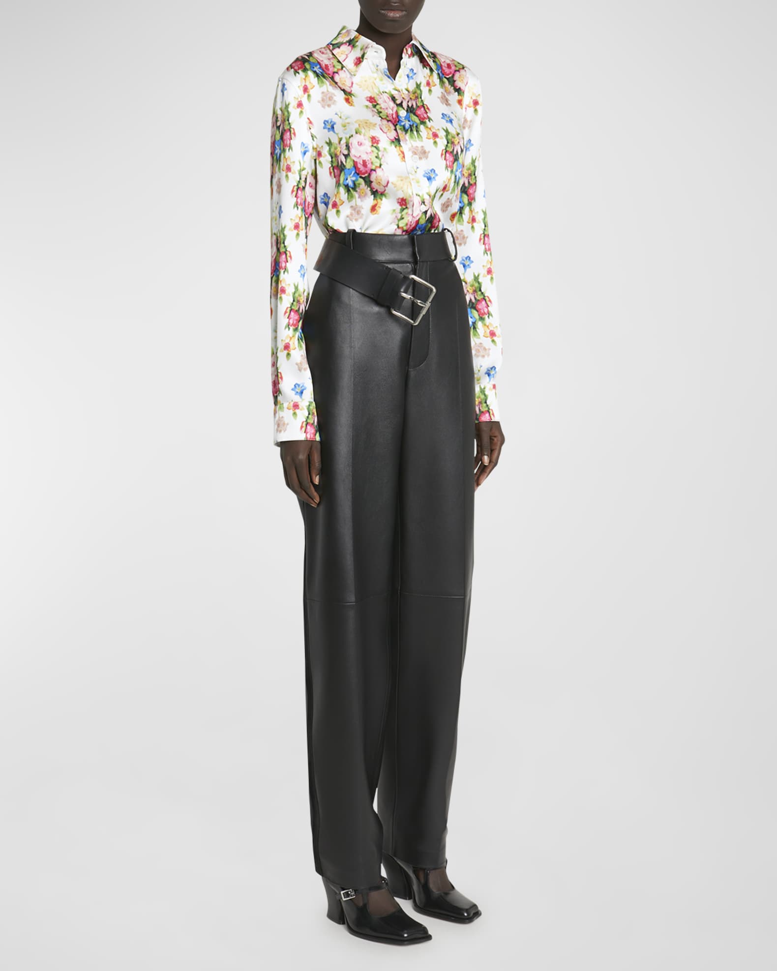 Loewe Floral-Print Button-Down Silk Blouse | Neiman Marcus