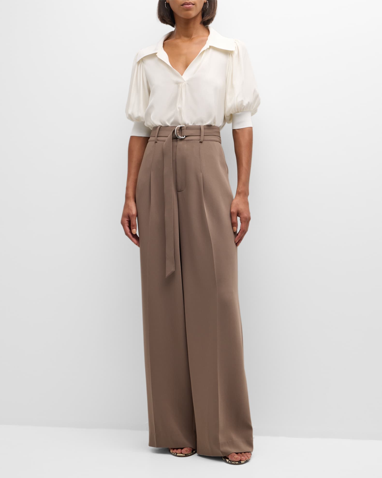 Cinq a Sept Weldon Collared V-Neck Short-Sleeve Silk Combo Top | Neiman ...