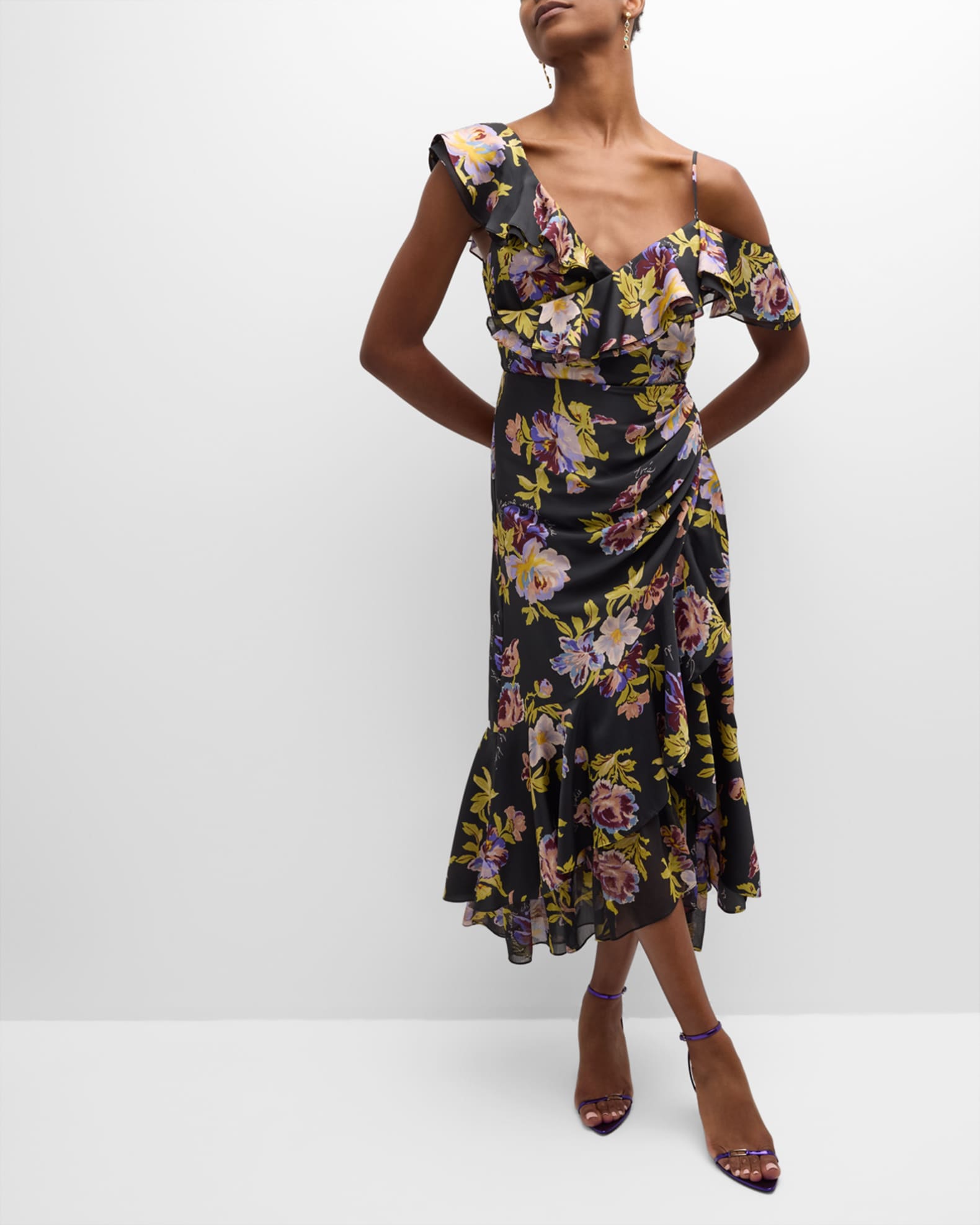 Cinq a Sept Nara One-Shoulder Ruffled Floral Midi Dress | Neiman Marcus