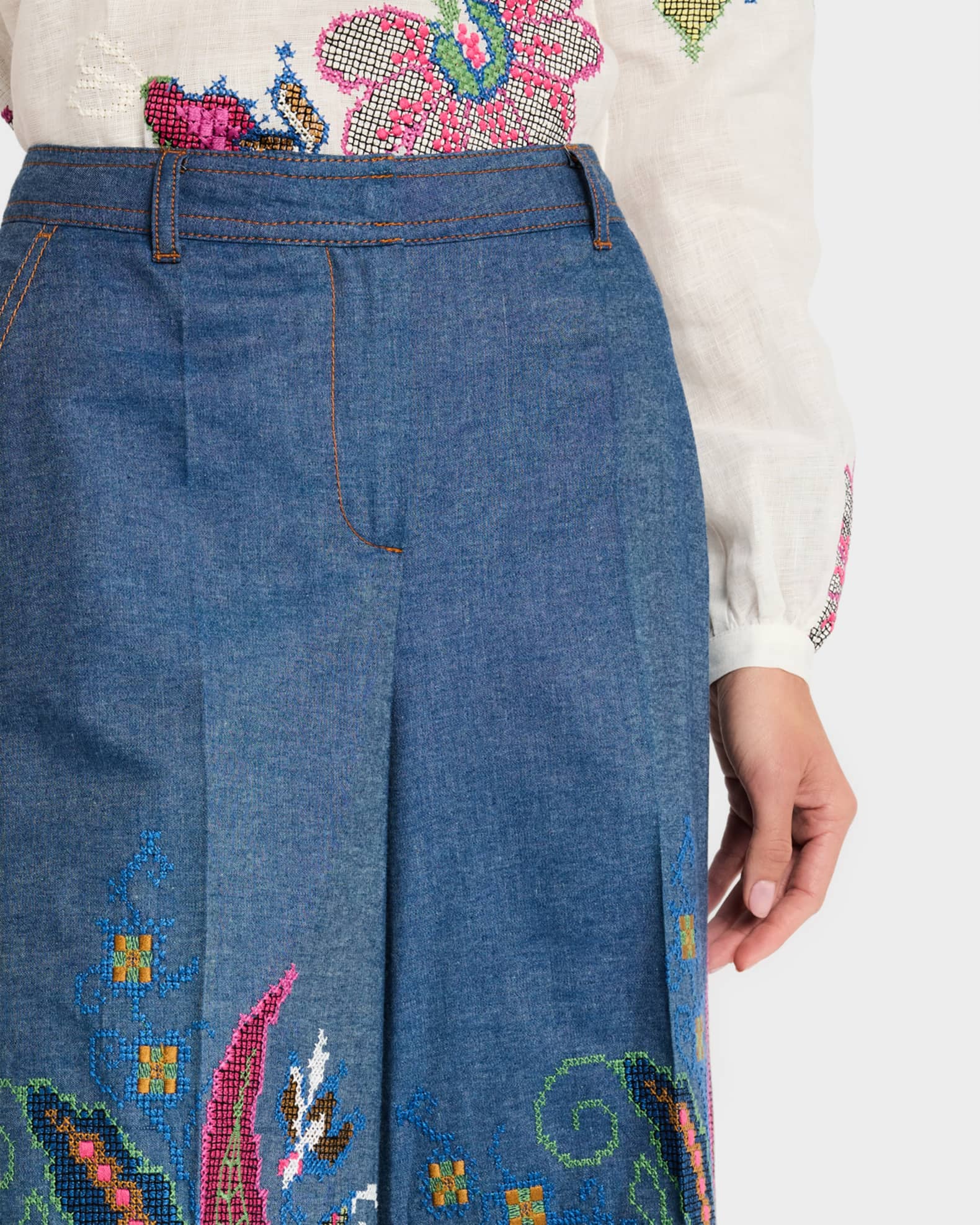 Maison Common Floral Emboridered Chambray Wide-Leg Cropped Pants ...