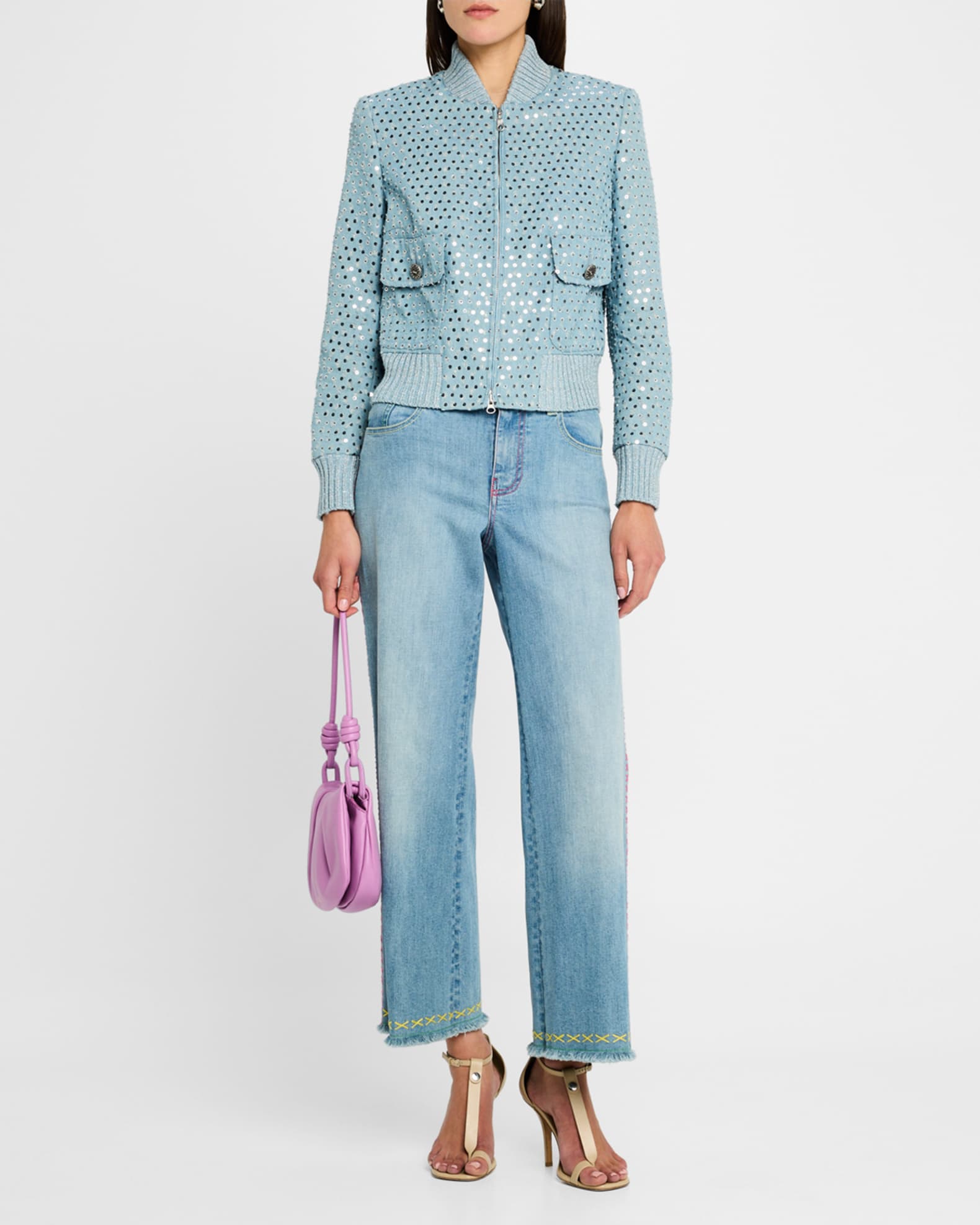 Maison Common Sequin Distressed Denim Bomber Jacket | Neiman Marcus