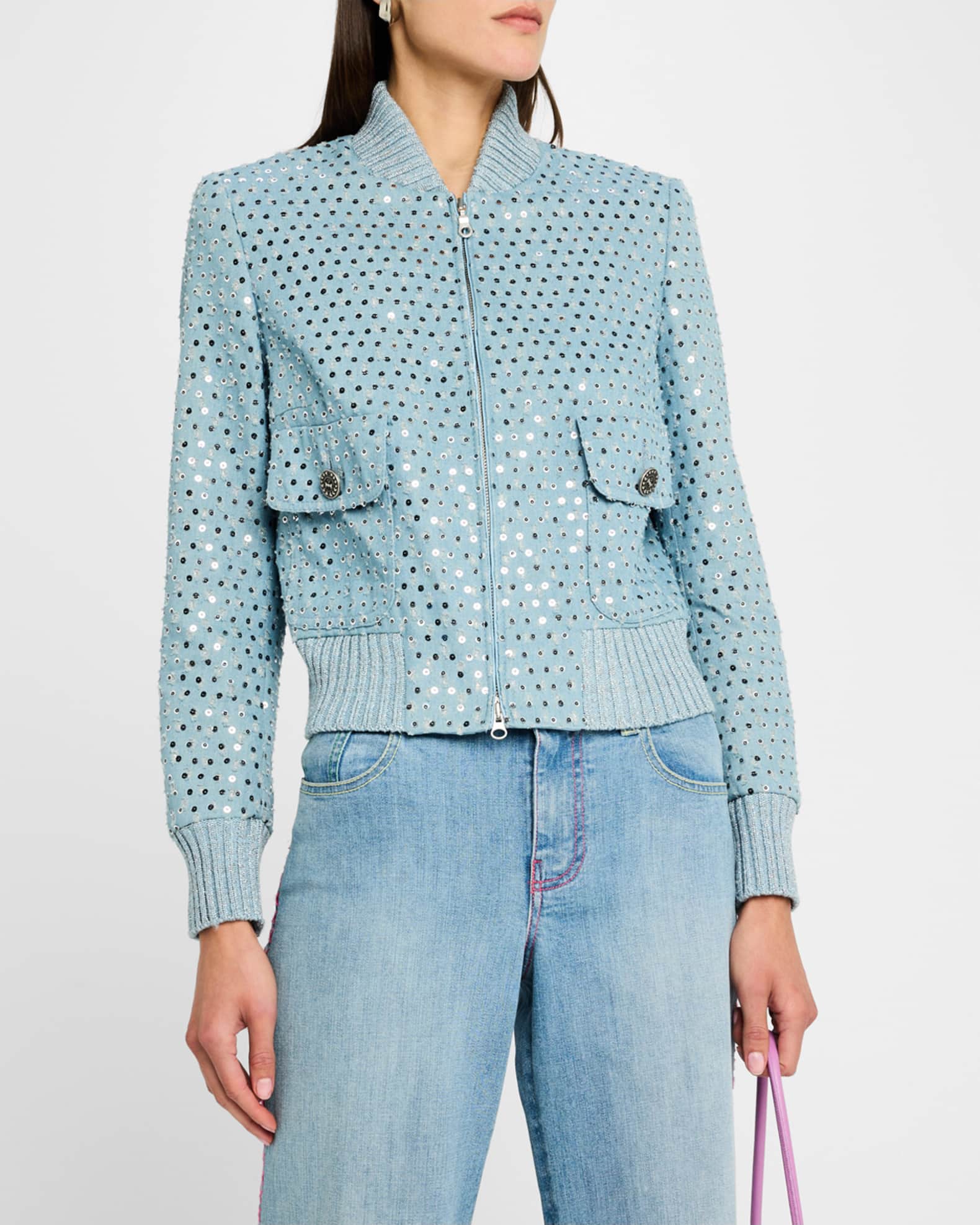 Maison Common Sequin Distressed Denim Bomber Jacket | Neiman Marcus