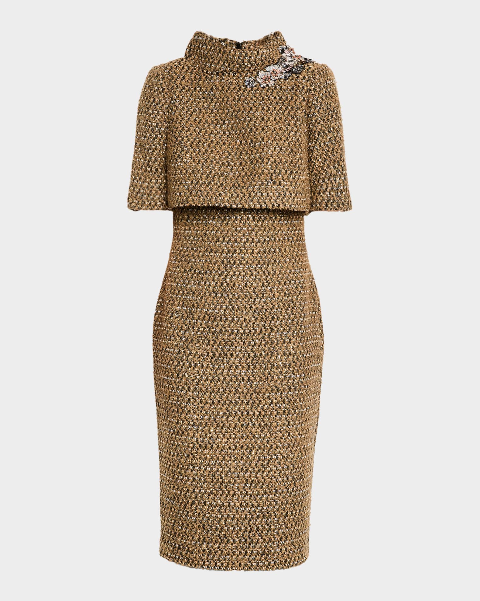 Badgley Mischka Collection Funnel-Neck Tweed Midi Dress | Neiman Marcus