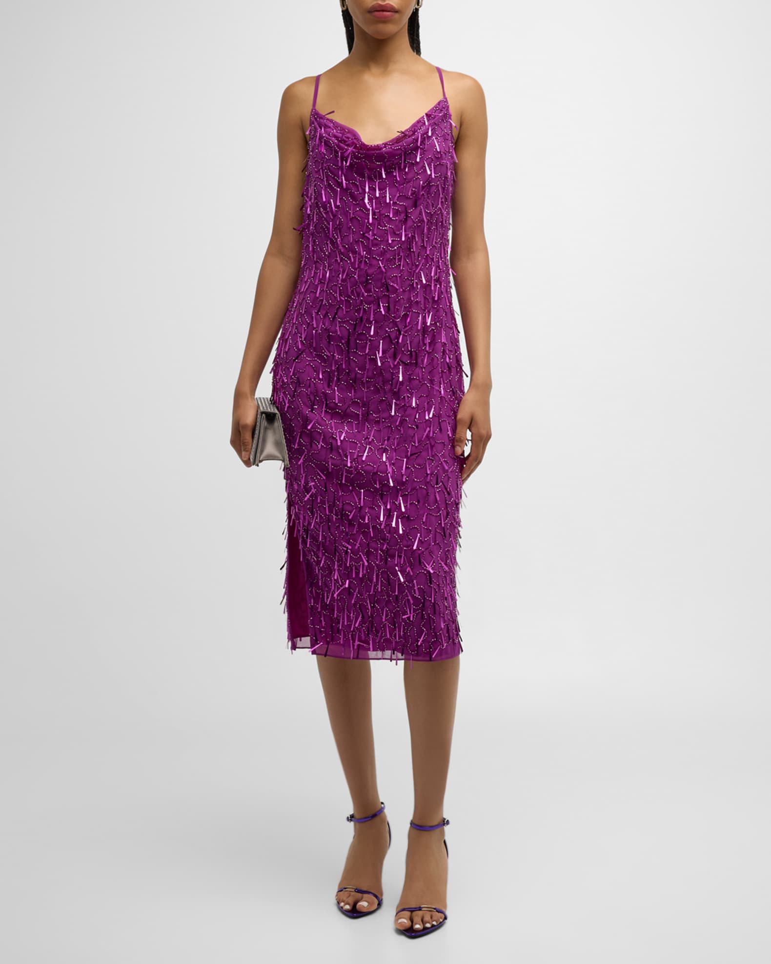 Liv Foster Cowl-Neck Bead and Sequin Midi Dress | Neiman Marcus