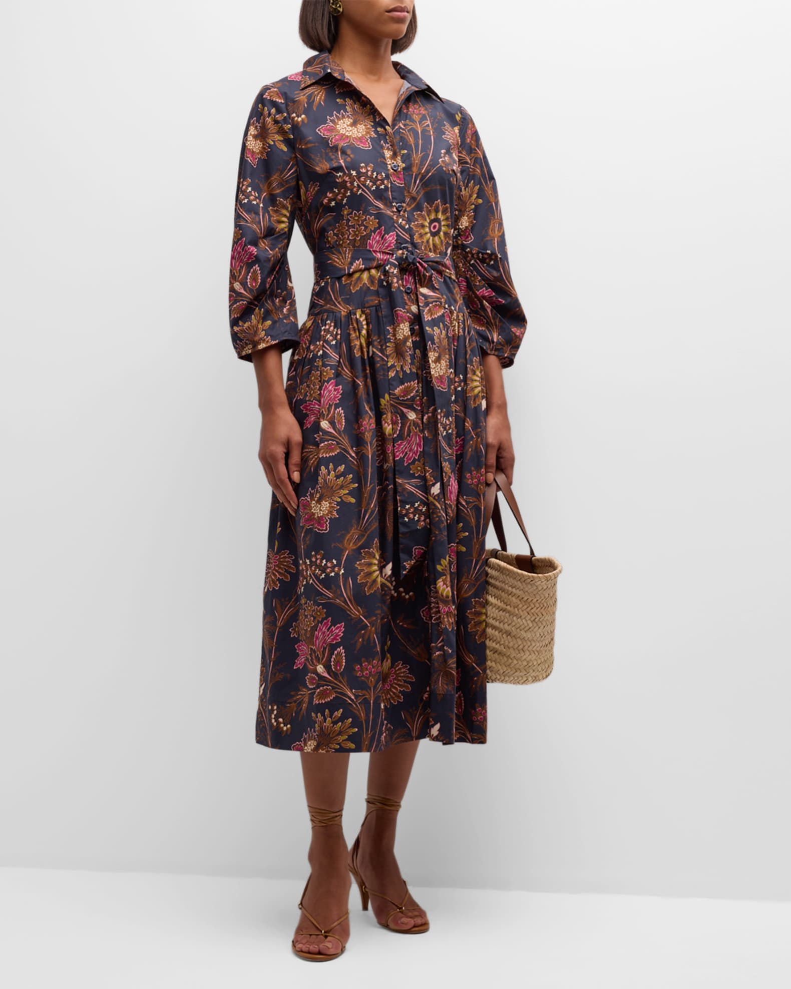 Cara Cara Raya Floral 3/4-Sleeve Midi Shirtdress | Neiman Marcus