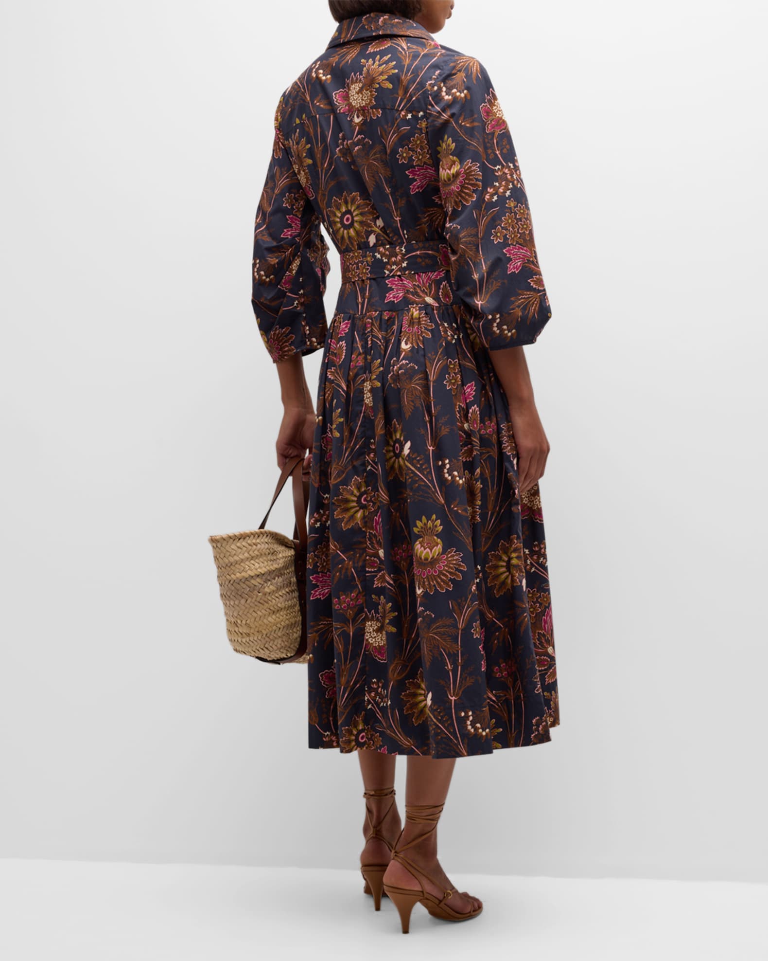 Cara Cara Raya Floral 3/4-Sleeve Midi Shirtdress | Neiman Marcus