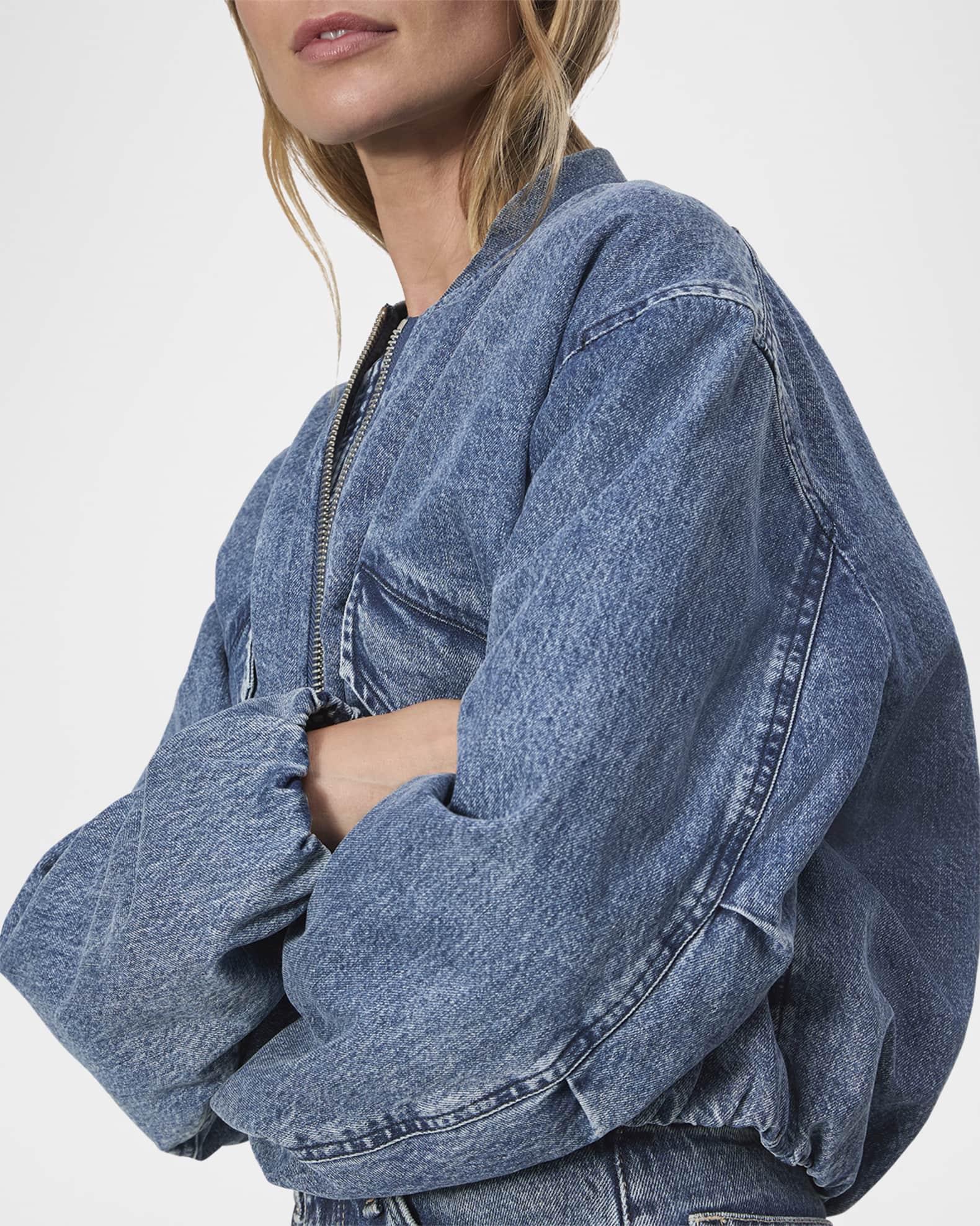 Rag & Bone Maggie Cropped Denim Bomber Jacket | Neiman Marcus