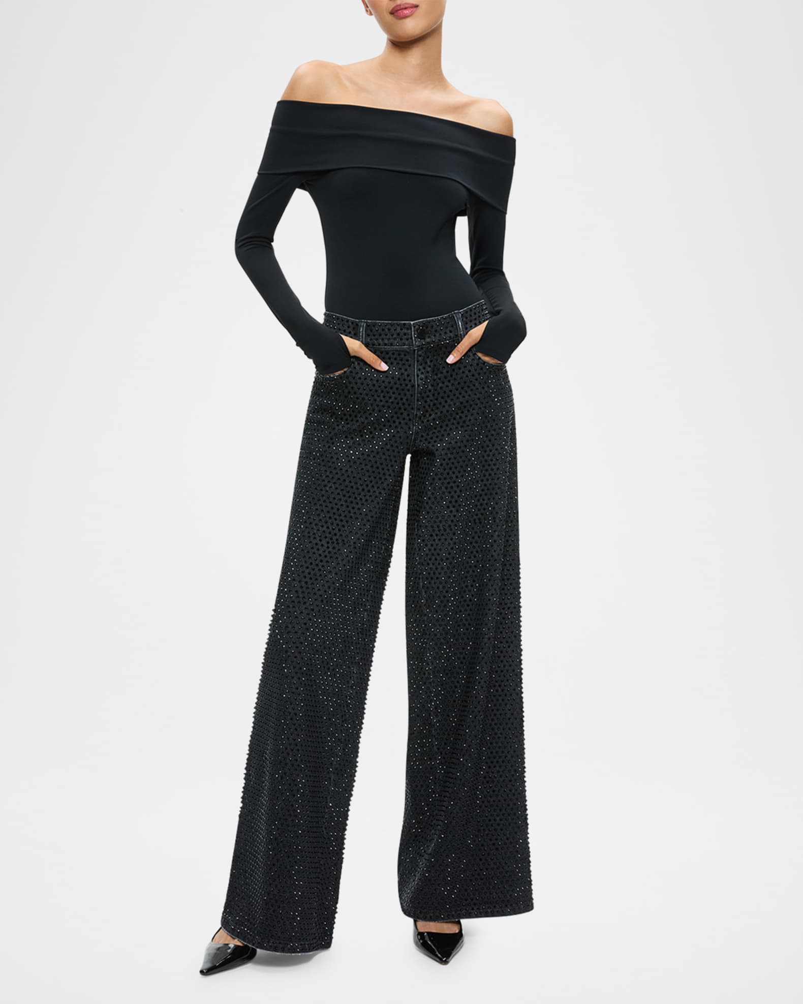 Alice + Olivia Trish Low-Rise Embellished Baggy Jeans | Neiman Marcus