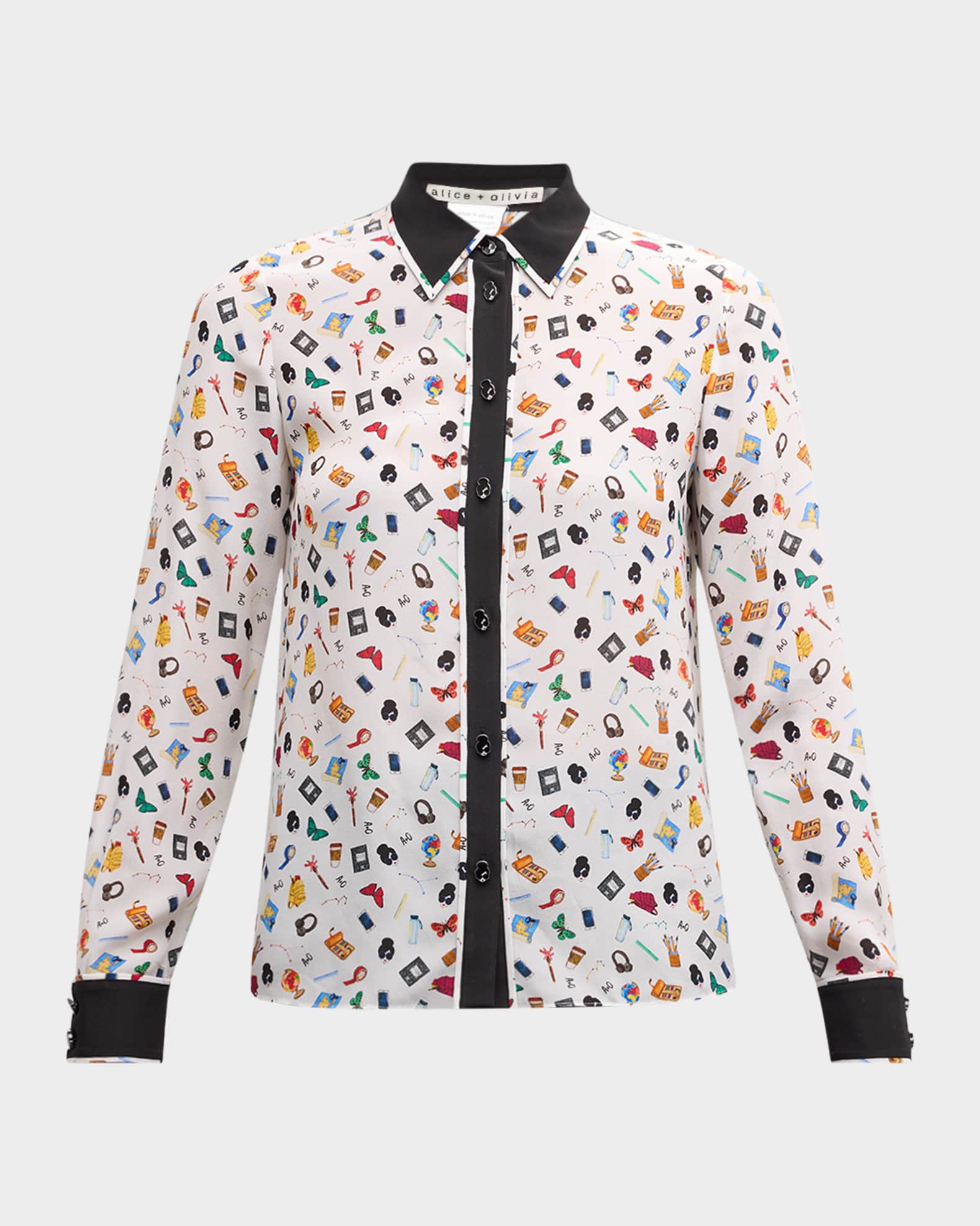 Alice + Olivia Willa Staceface Contrast-Trim Silk Button-Front Top ...