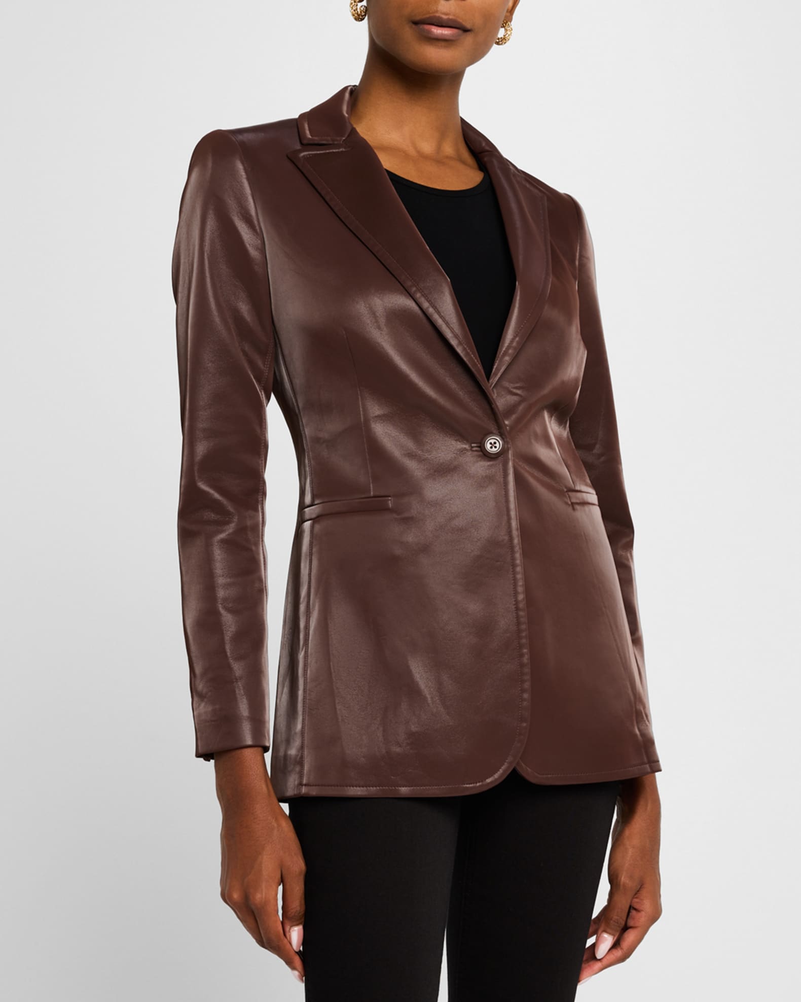 Alice + Olivia Breann Shiny Vegan Leather Long Fitted Blazer | Neiman Marcus