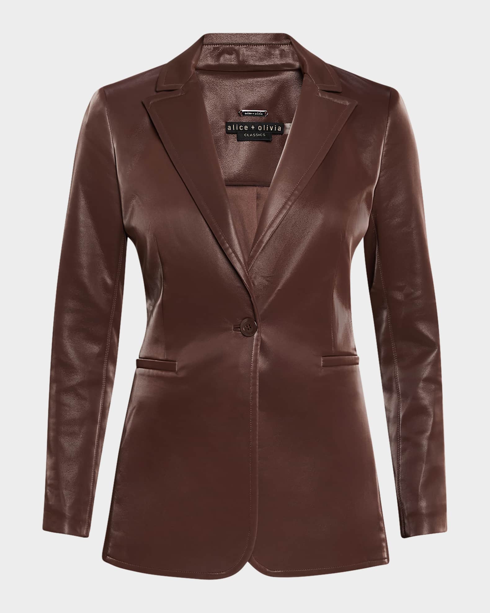 Alice + Olivia Breann Shiny Vegan Leather Long Fitted Blazer | Neiman Marcus