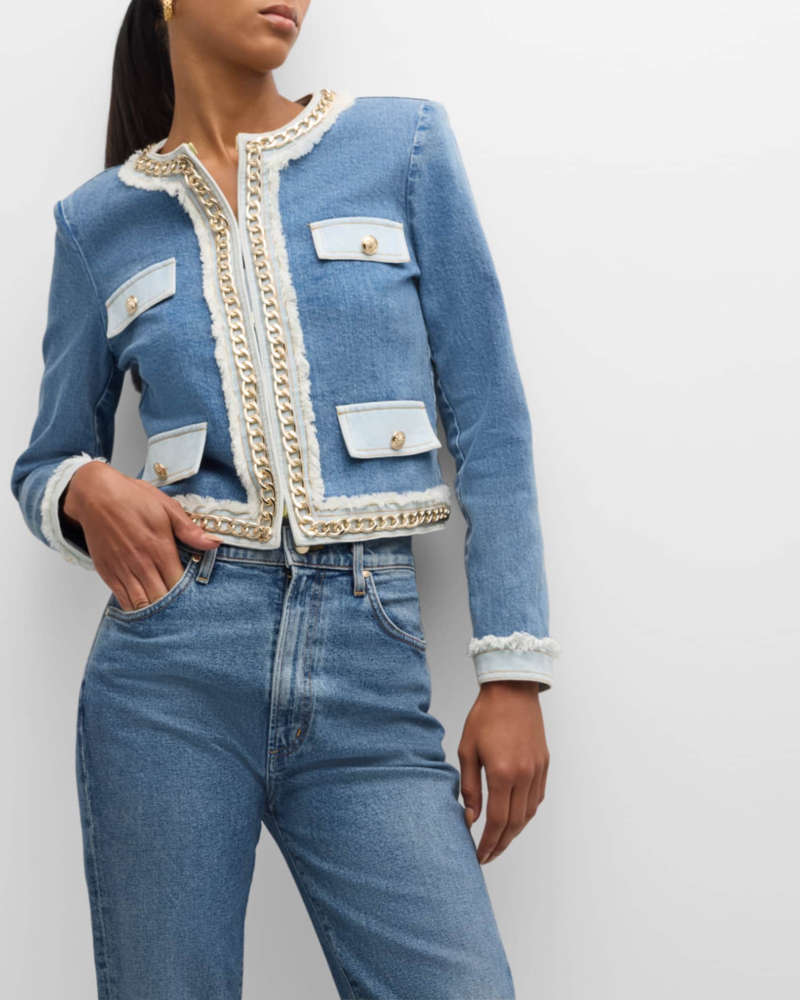 Alice + Olivia Landon Denim Chain-Trim Cropped Jacket | Neiman Marcus