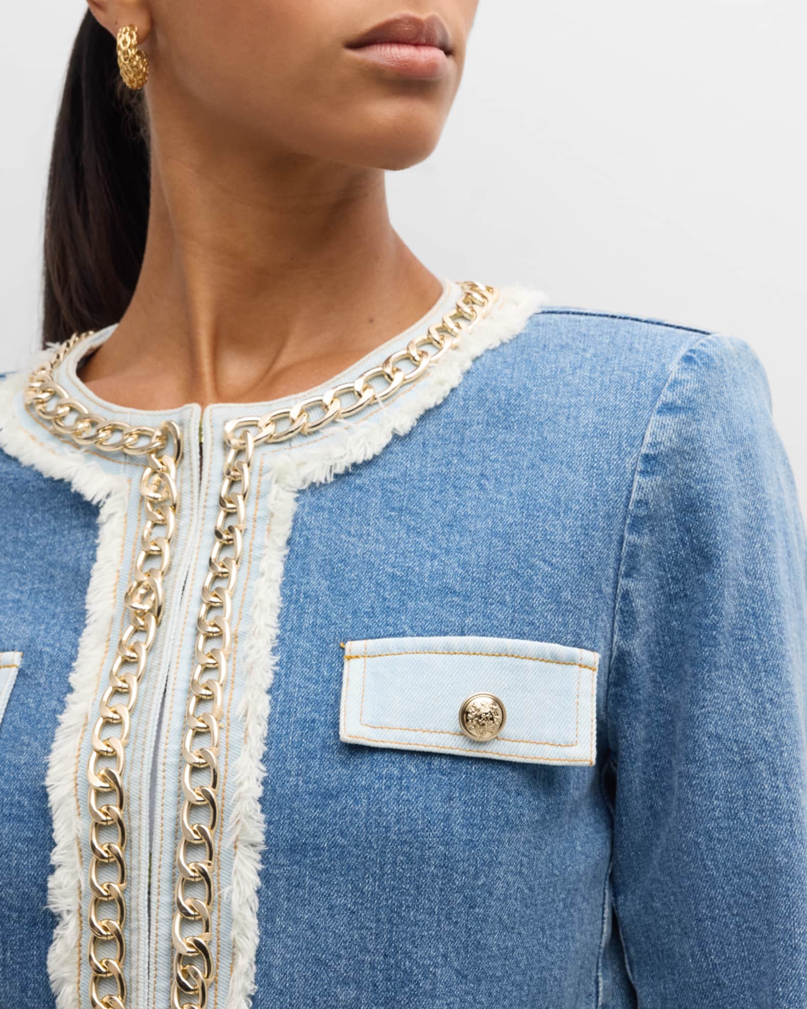 Alice + Olivia Landon Denim Chain-Trim Cropped Jacket | Neiman Marcus