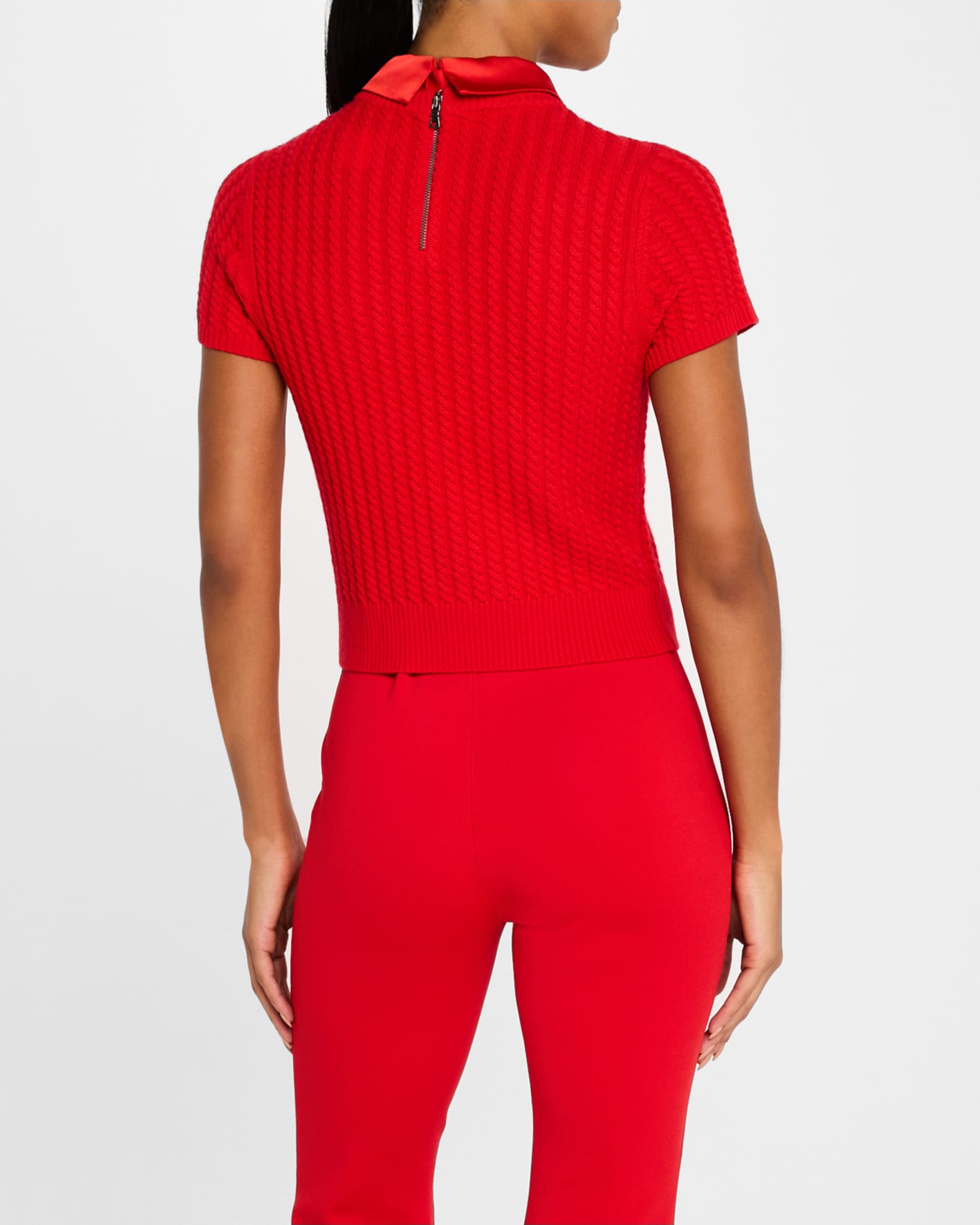 Alice + Olivia Abbott Short-Sleeve Collared Tie Pullover | Neiman Marcus