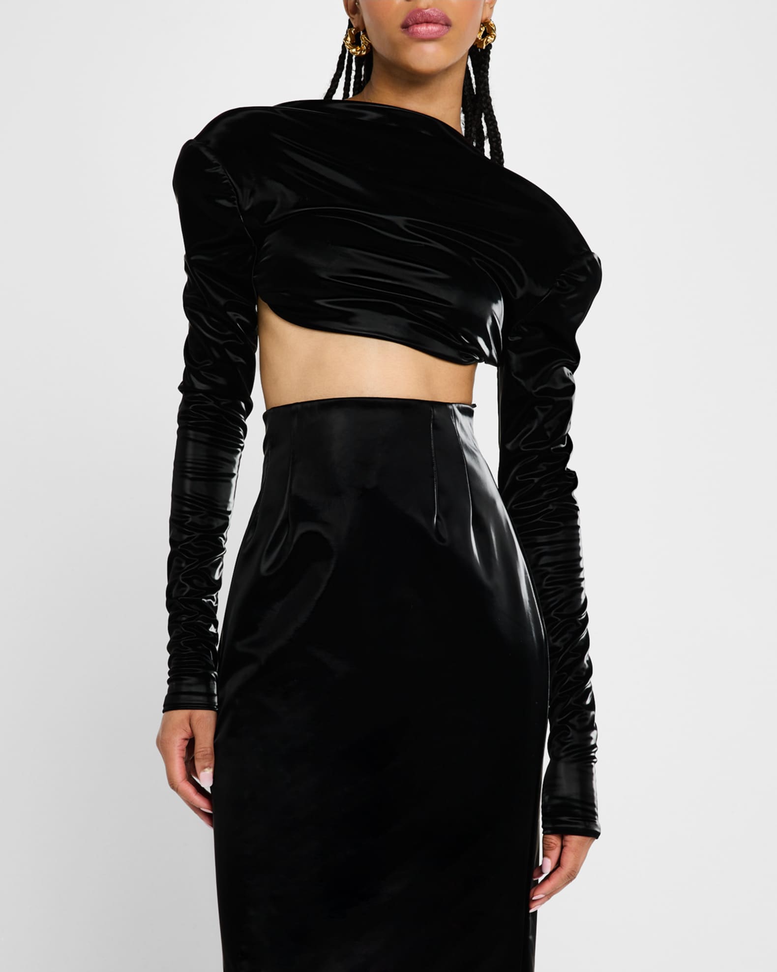 LaQuan Smith Portrait-Neck Long-Sleeve Backless Crop Top | Neiman Marcus