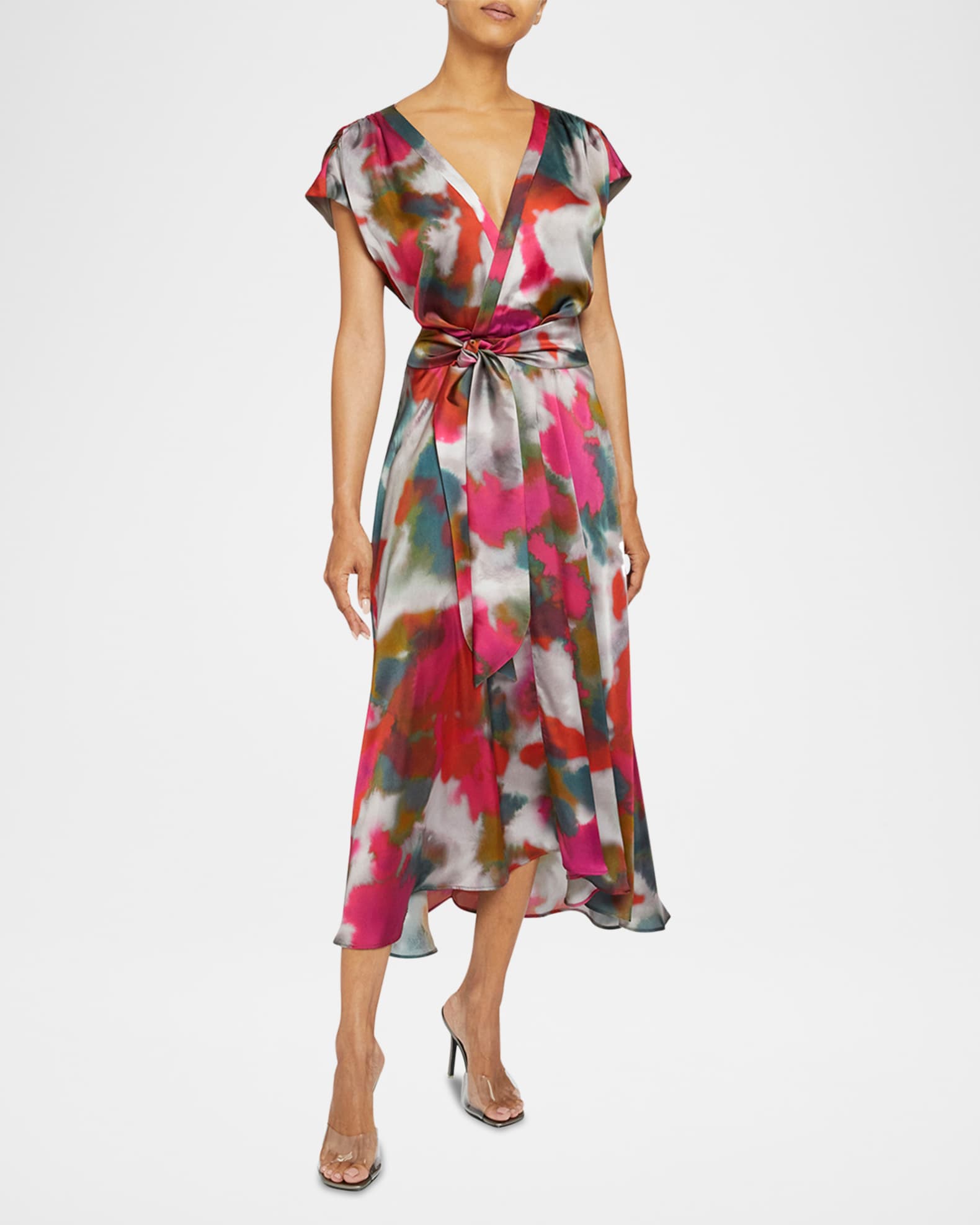 Santorelli Talia Abstract-Print Faux Wrap Midi Dress | Neiman Marcus