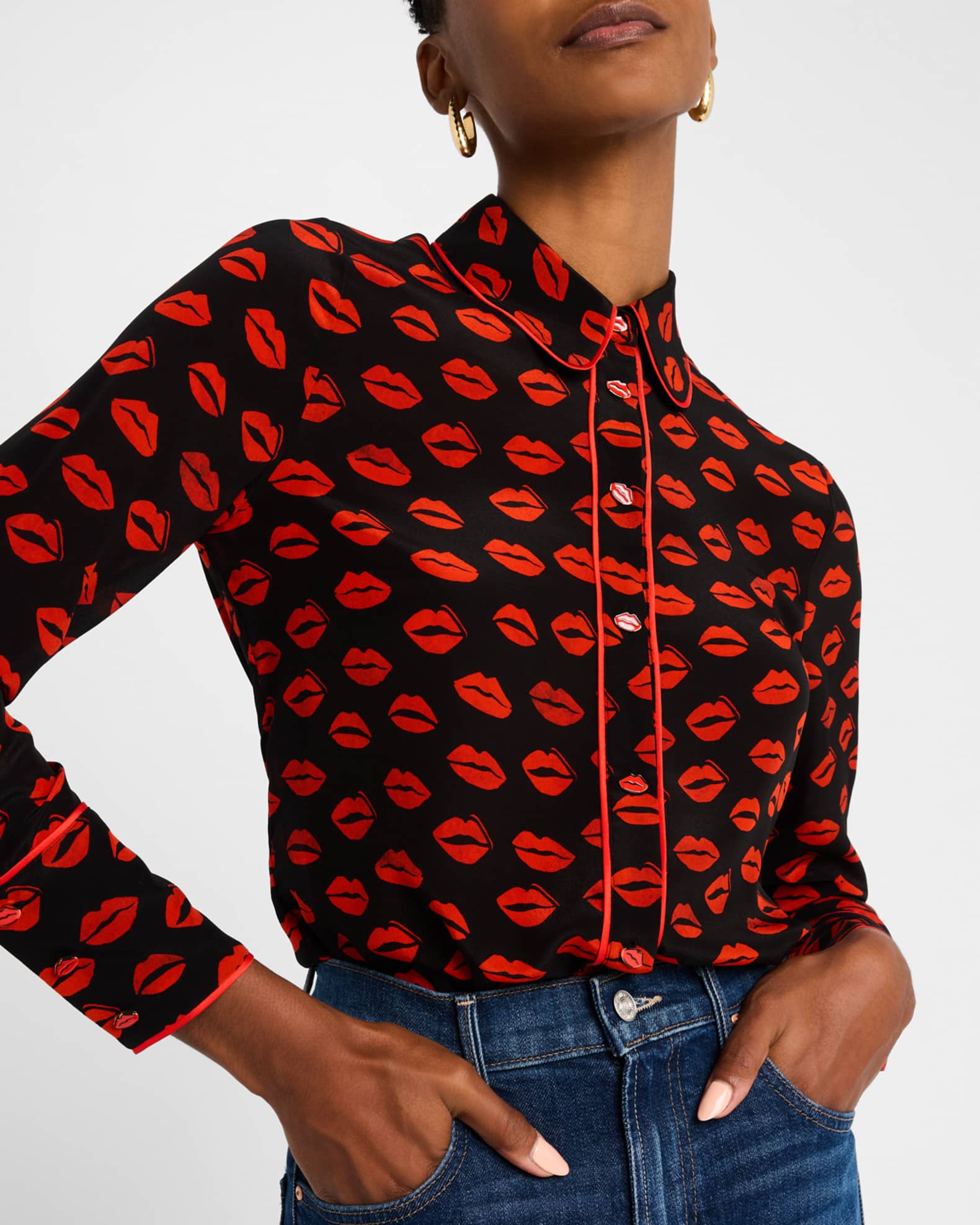 Alice + Olivia Kiss Kiss Willa Wide Cuff Placket Top with Piping ...