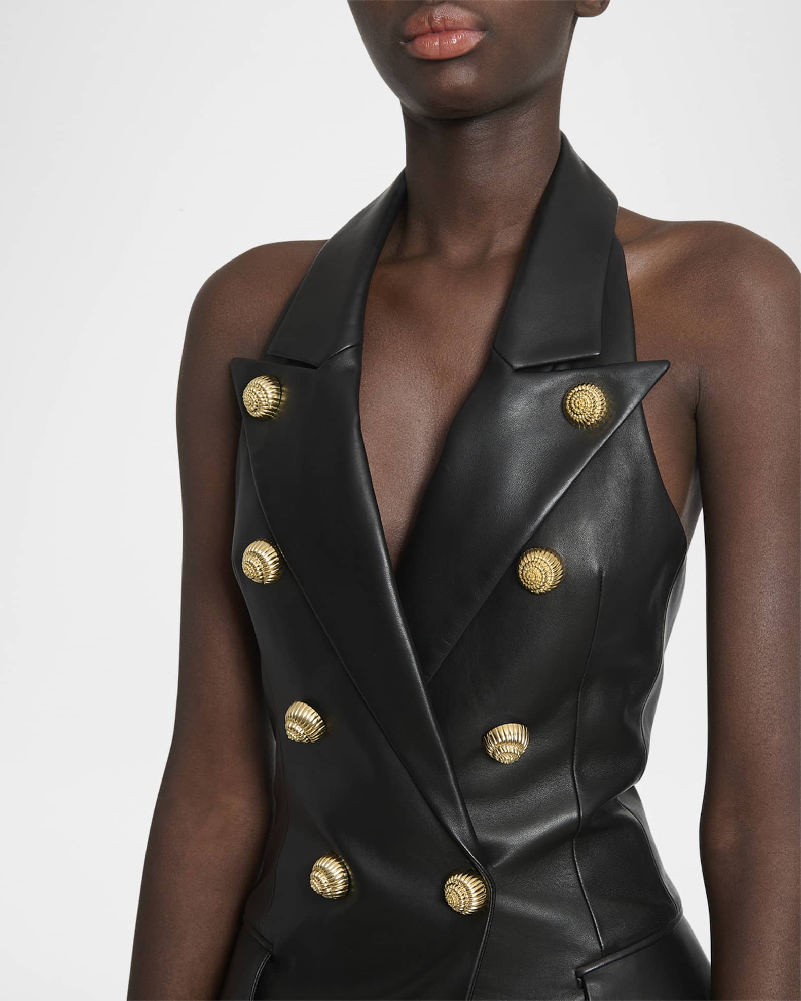 Balmain Halter-Neck Tailored Lambskin Leather Mini Dress | Neiman Marcus
