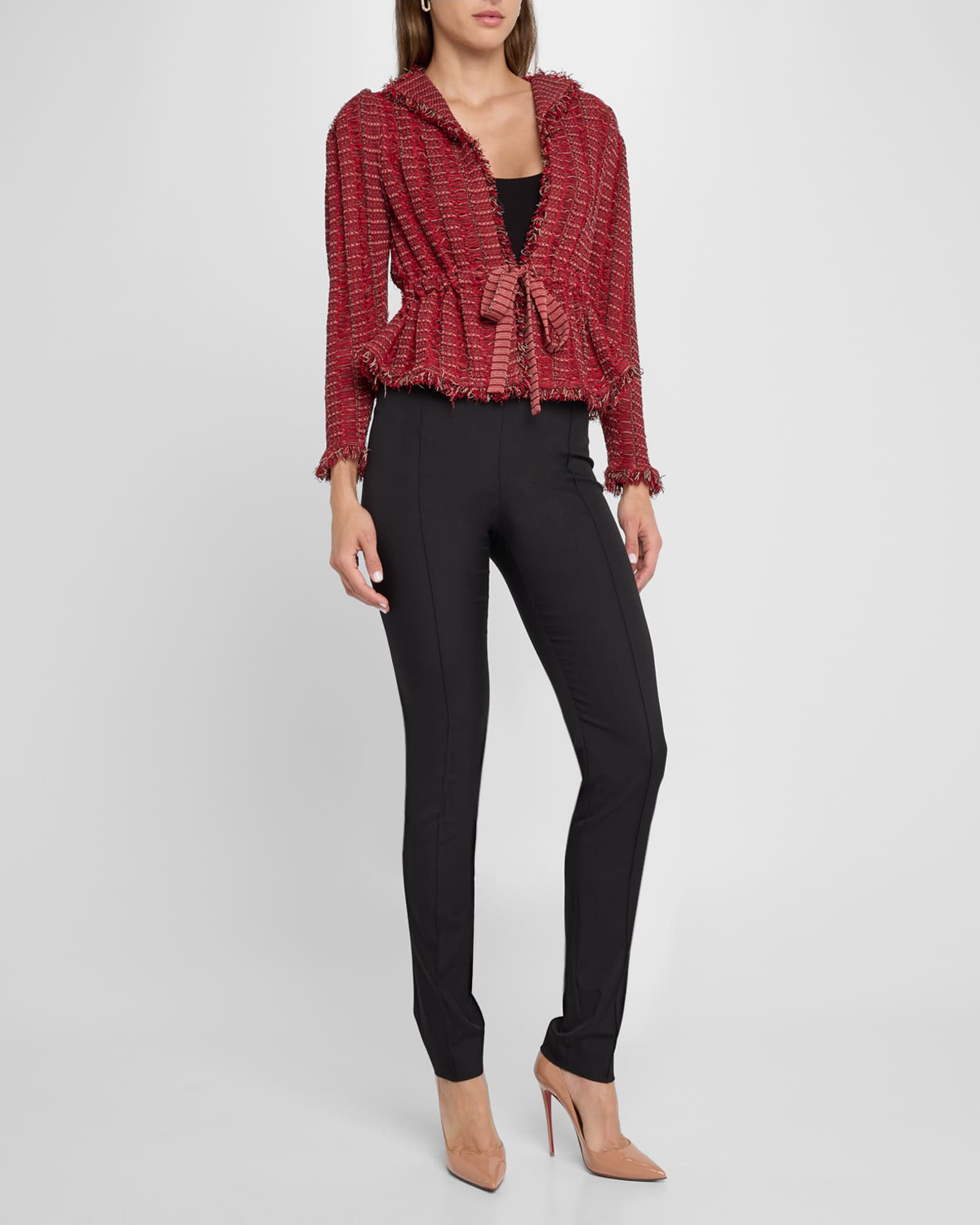 Misook Drawstring Fringe-Trim Tweed Jacket | Neiman Marcus