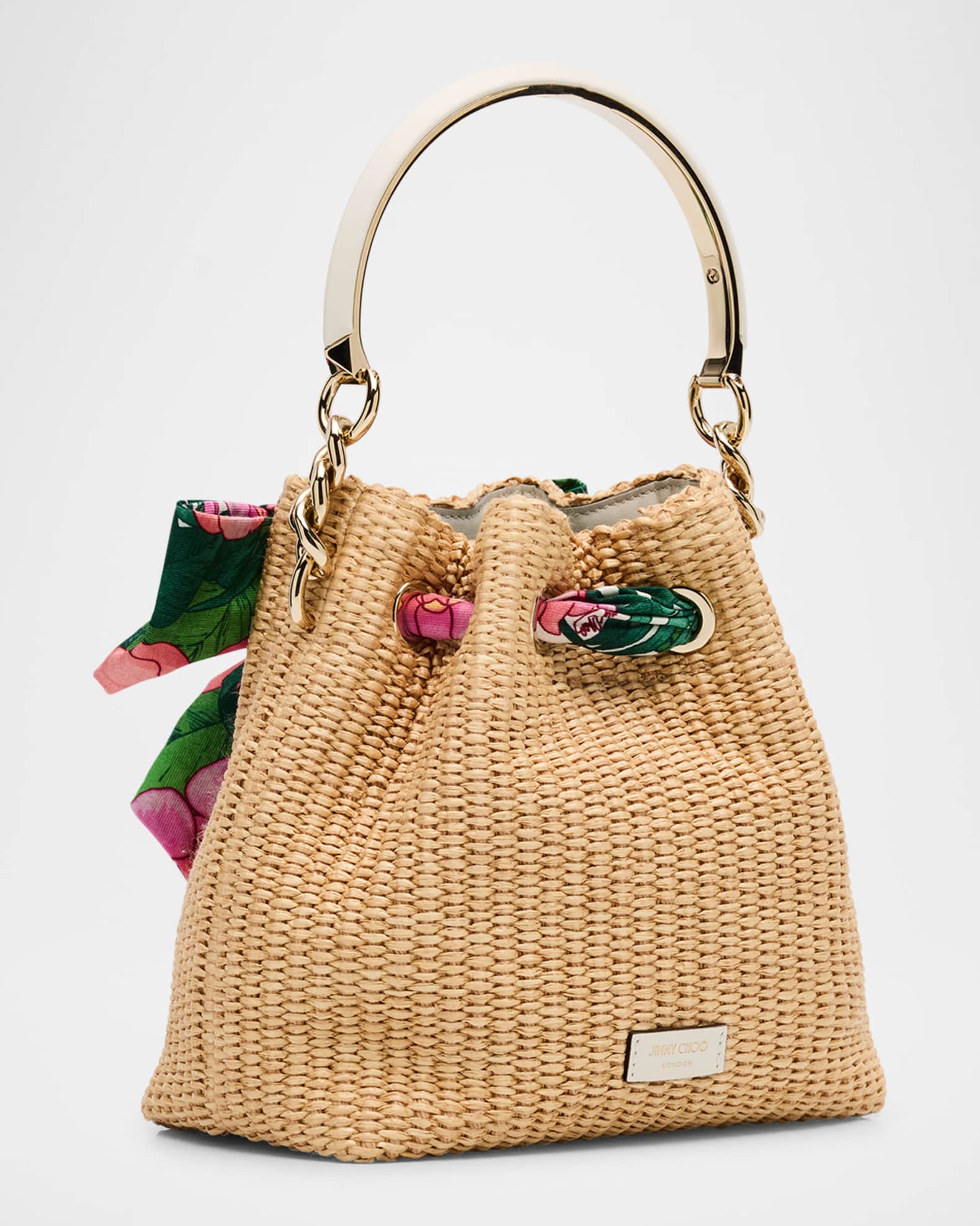 Jimmy Choo Bon Bon Drawstring Raffia Bucket Bag | Neiman Marcus