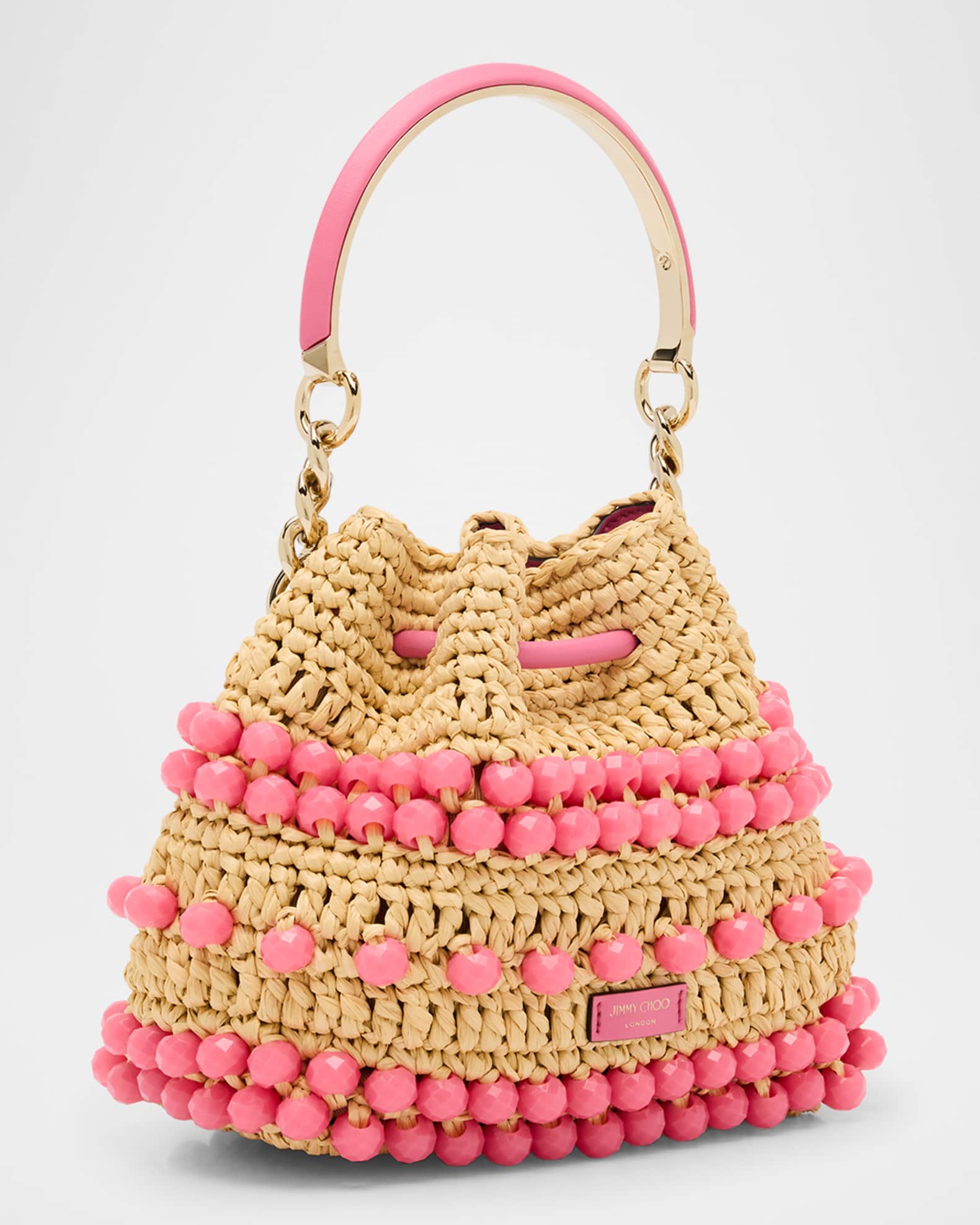 Jimmy Choo Bon Bon Beaded Raffia Bucket Bag | Neiman Marcus