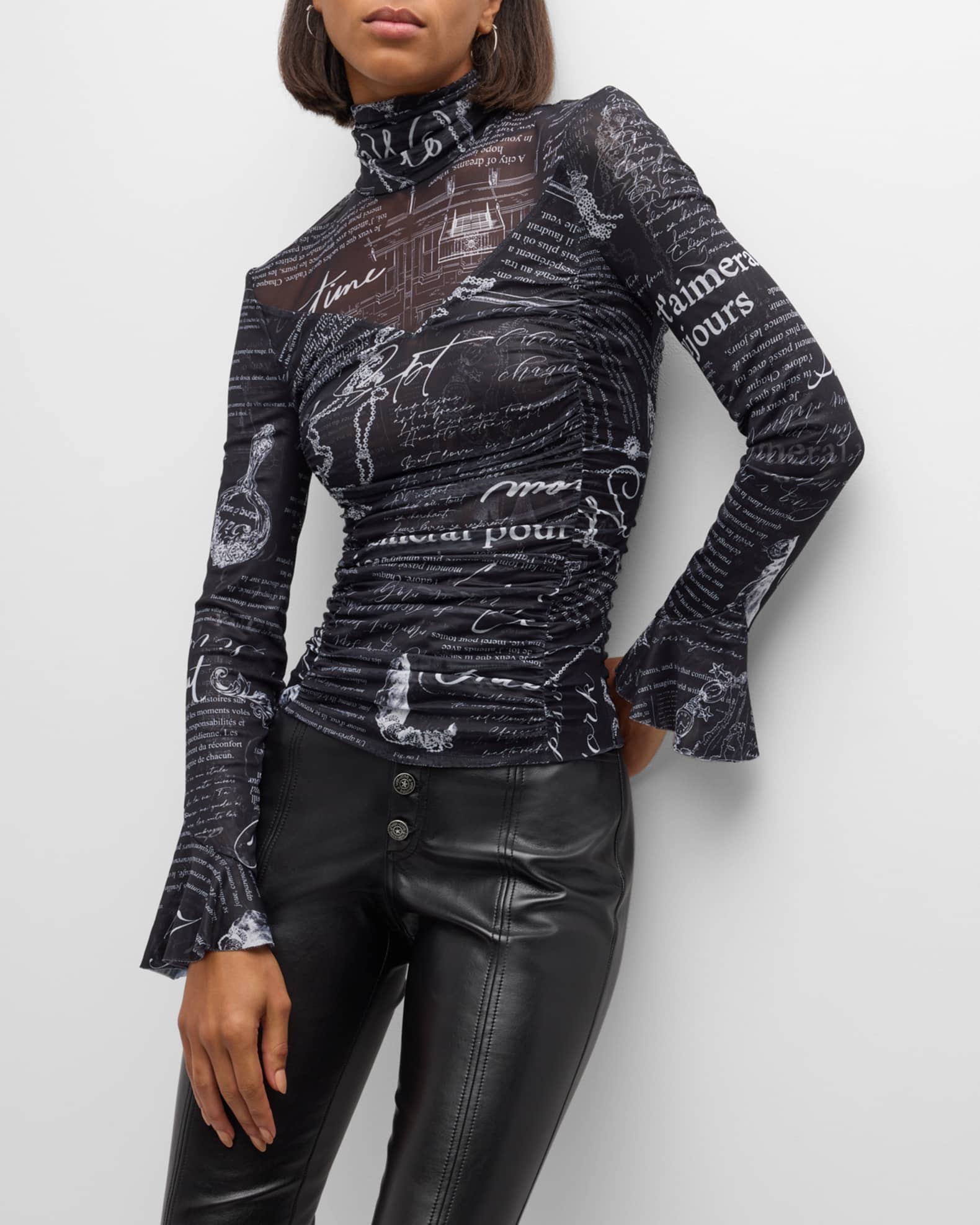 Cinq a Sept Lucy Turtleneck Shirred Illusion Top | Neiman Marcus