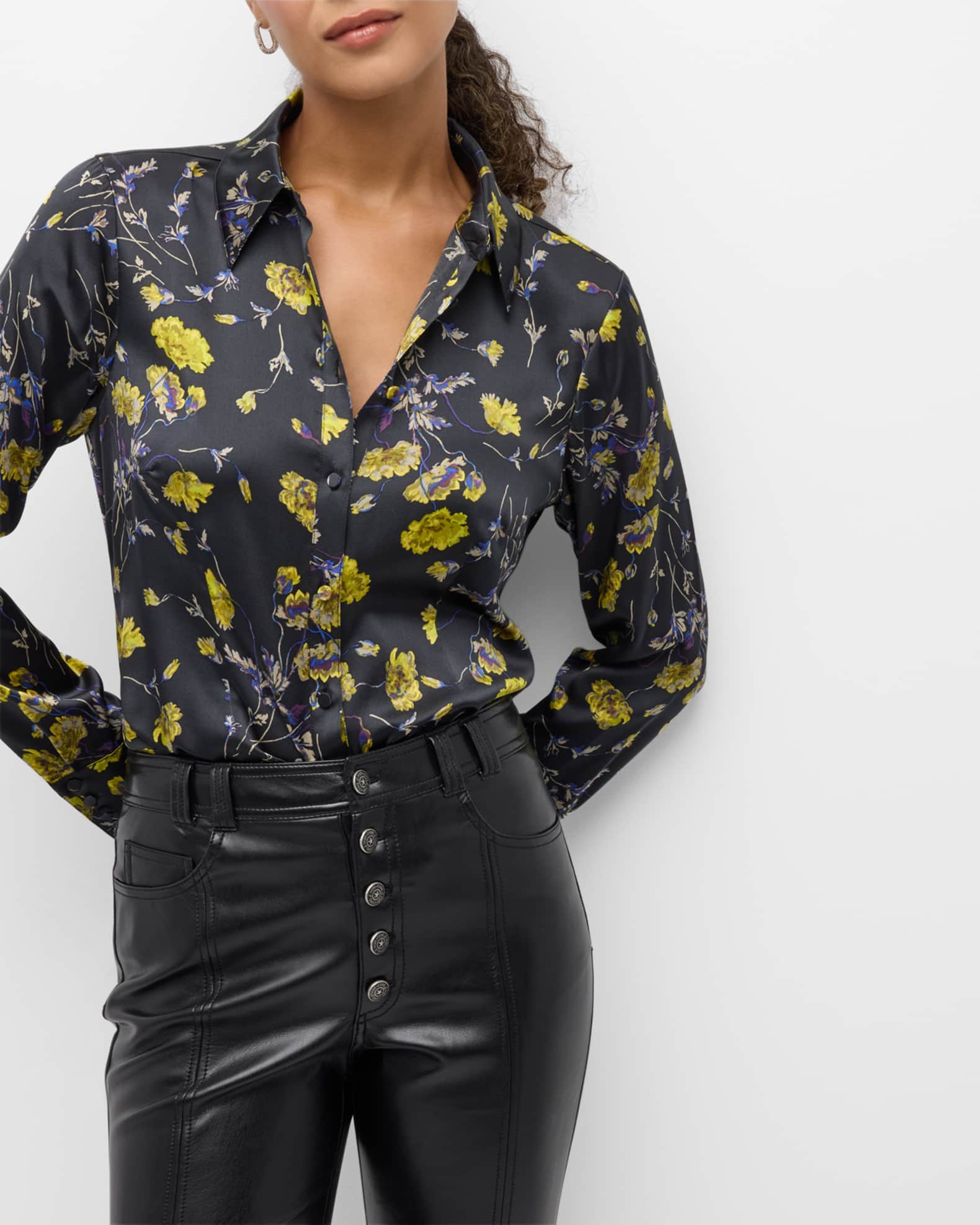 Cinq a Sept Falling Poppies Petra Stretch Silk Button-Front Top | Neiman Marcus