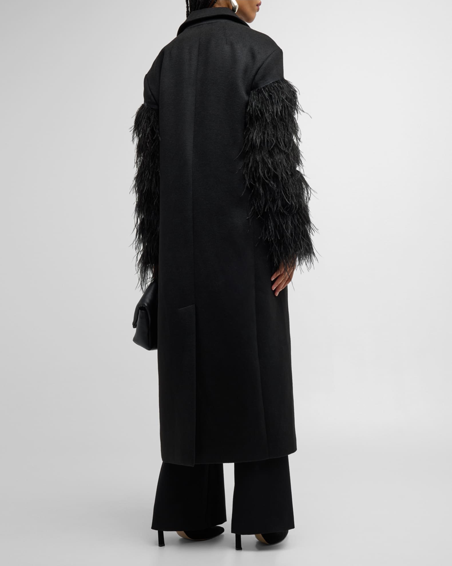 Cinq a Sept Ali Feather-Sleeve Long Wool-Blend Coat | Neiman Marcus