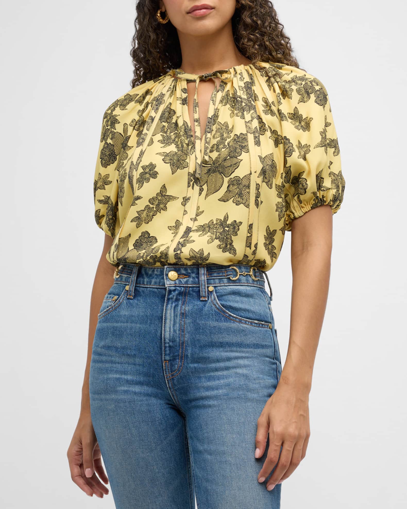 Ulla Johnson Marcelena Floral Puff-Sleeve Top | Neiman Marcus