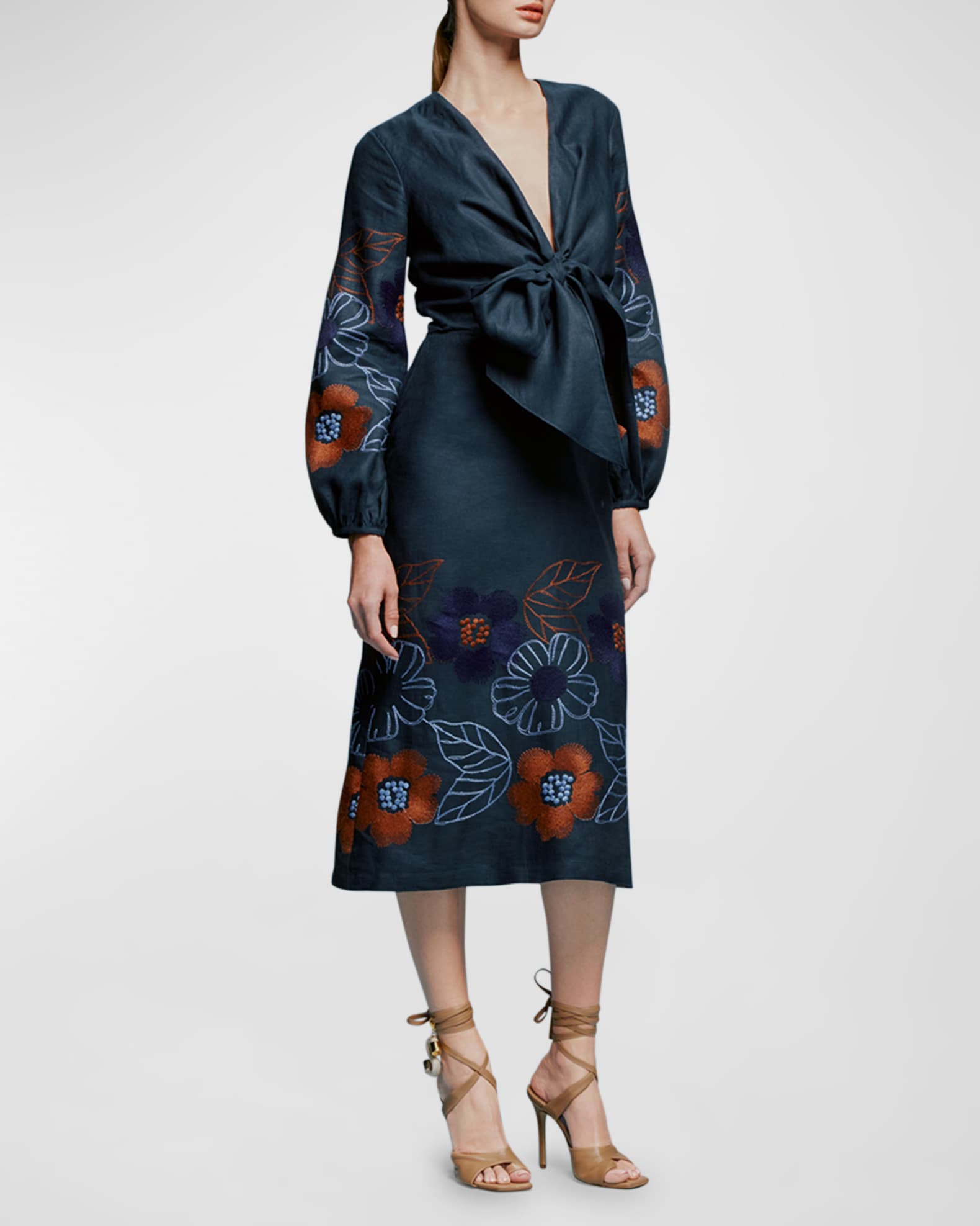 Silvia Tcherassi Laoise Floral Embroidered Tie Linen Midi Dress