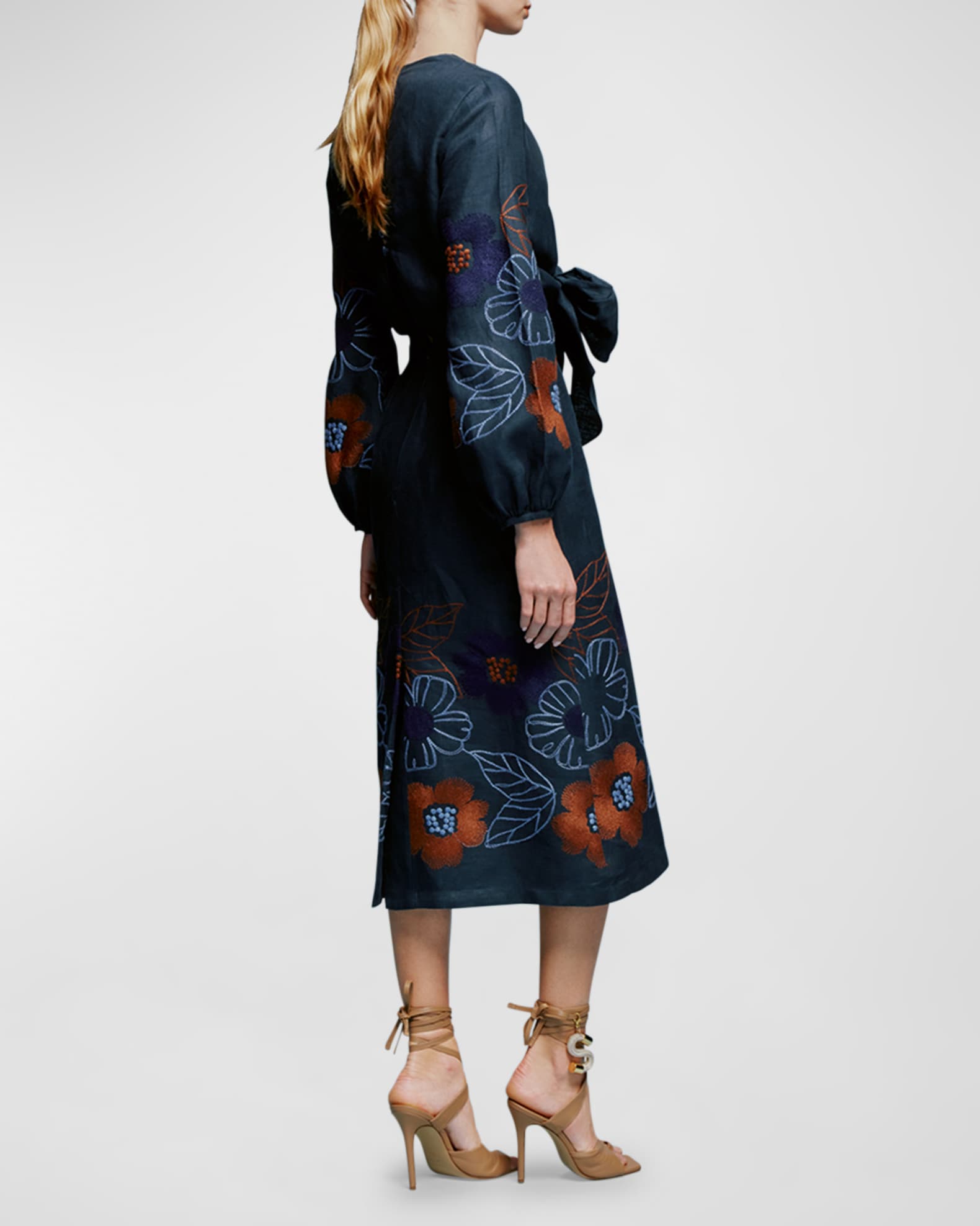 Silvia Tcherassi Laoise Floral Embroidered Tie Linen Midi Dress
