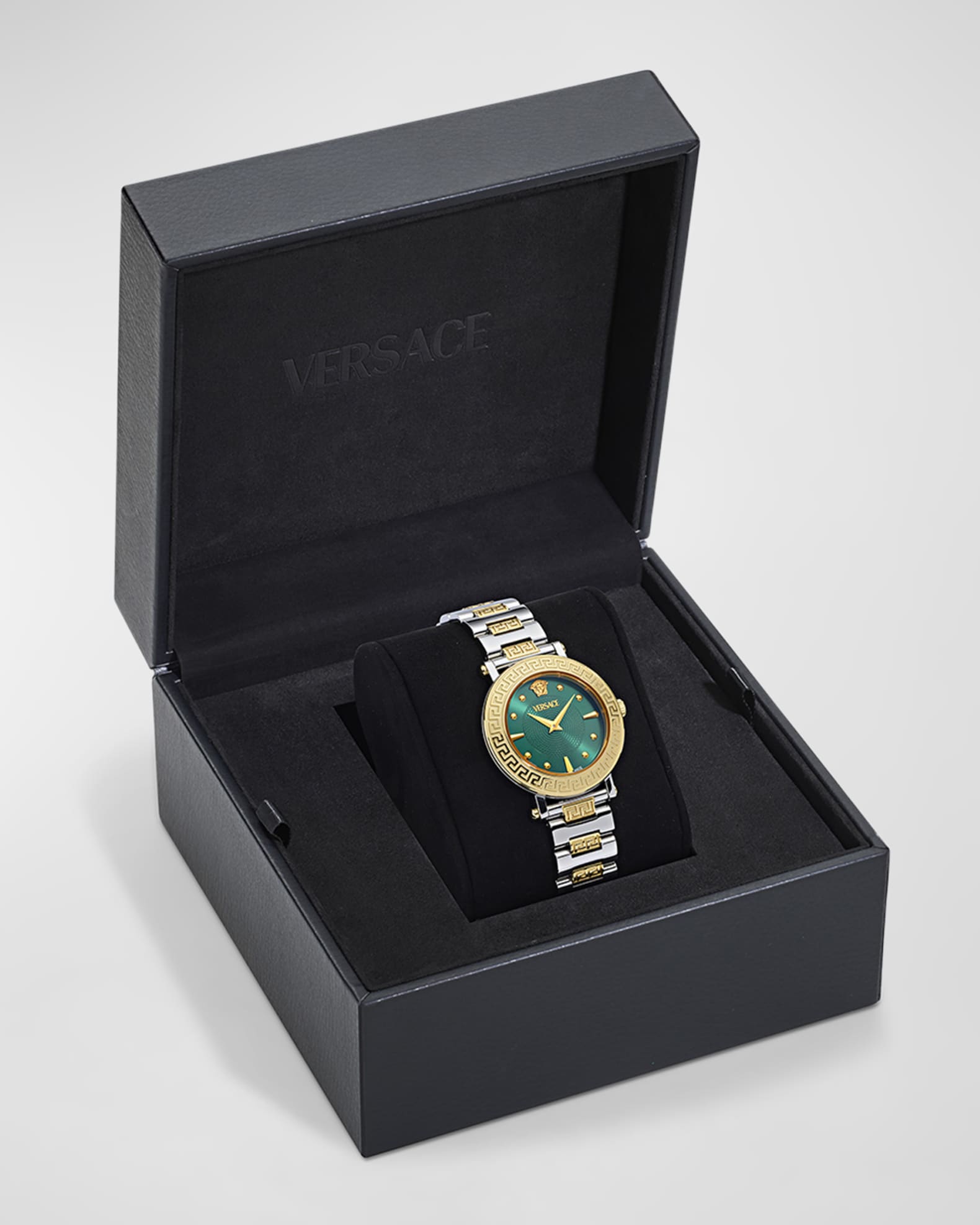 Versace 35mm Greca Sphere Watch with Bracelet Strap, Two Tone/Green ...