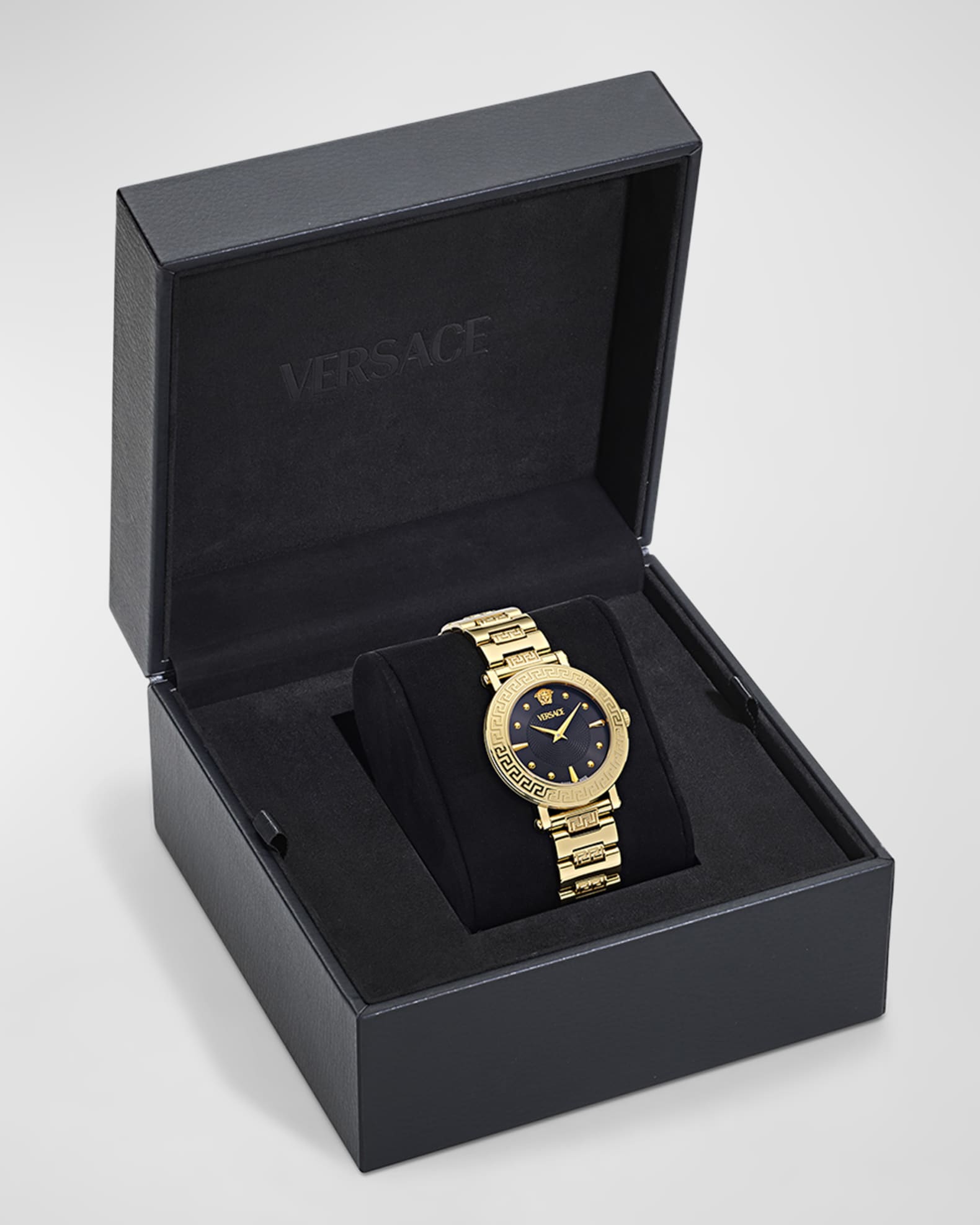 Versace 35mm Greca Sphere Watch with Bracelet Strap, Gold/Black ...