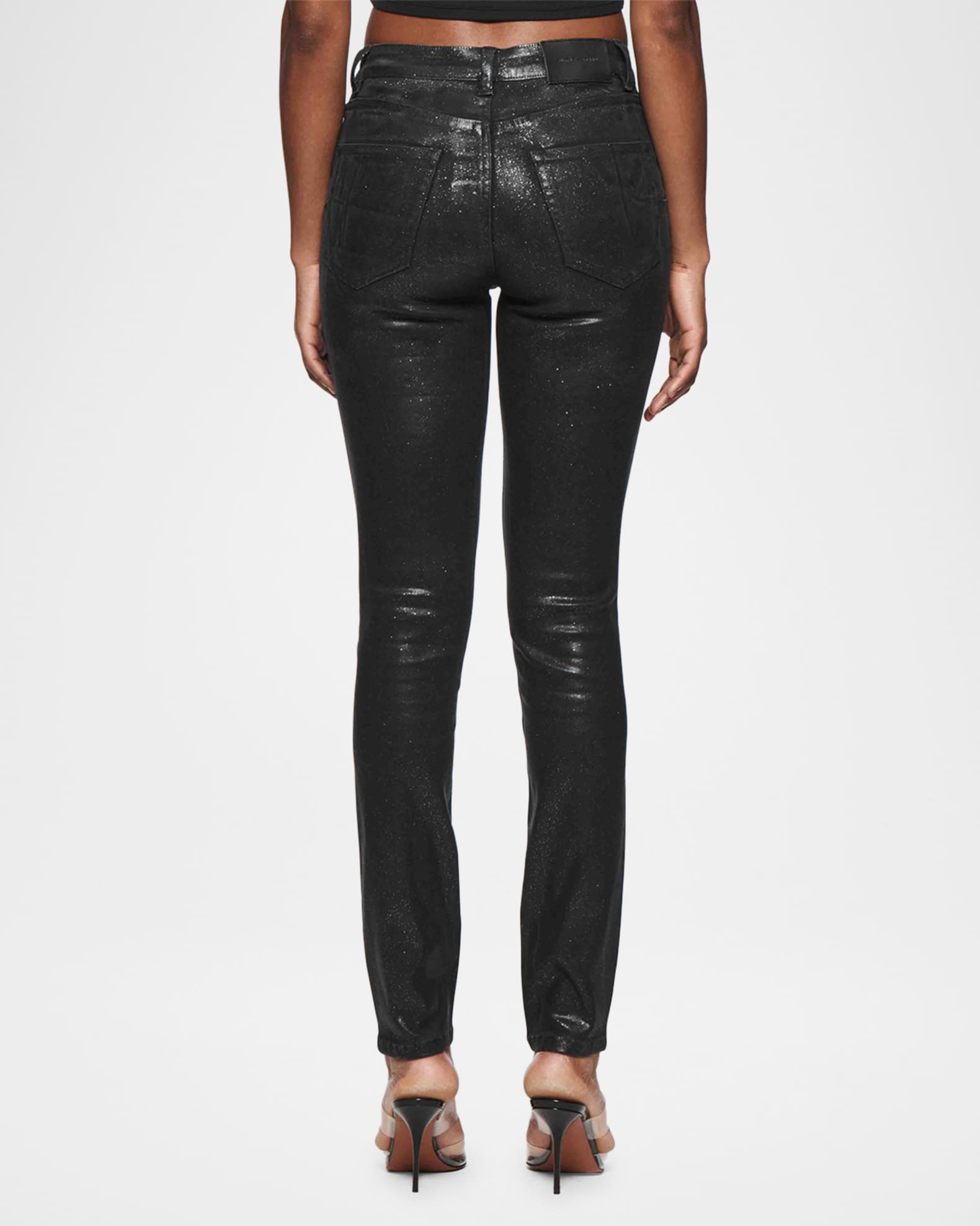 PURPLE Mid-Rise Glitter Skinny Jeans | Neiman Marcus