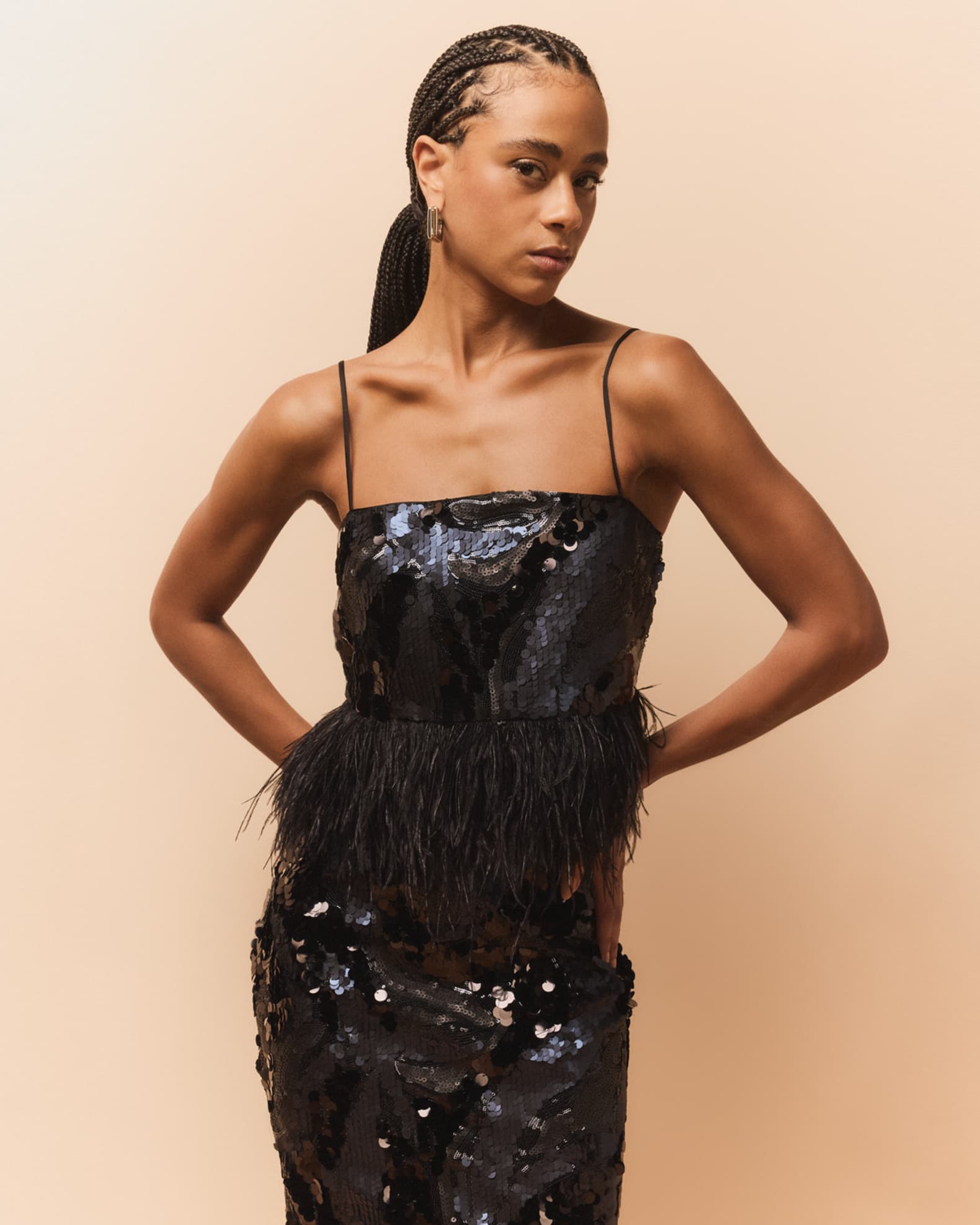Ramy Brook Stanley Sequined Feather-Trim Crop Top | Neiman Marcus