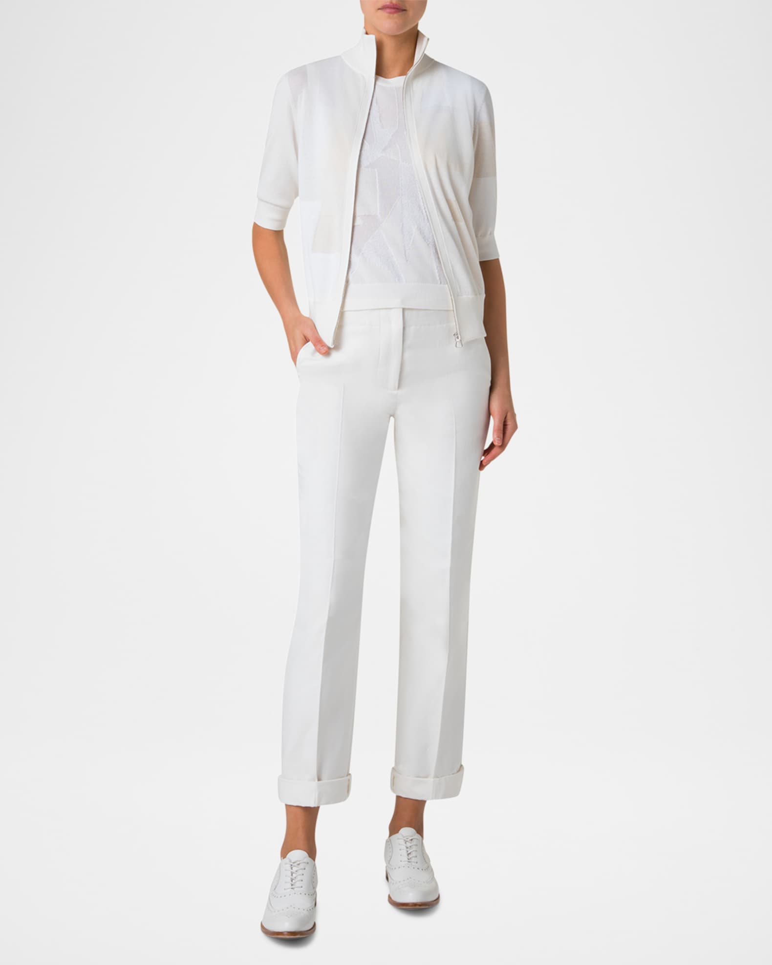 Akris Trapeze Jacquard Elbow-Sleeve Zip Cardigan | Neiman Marcus