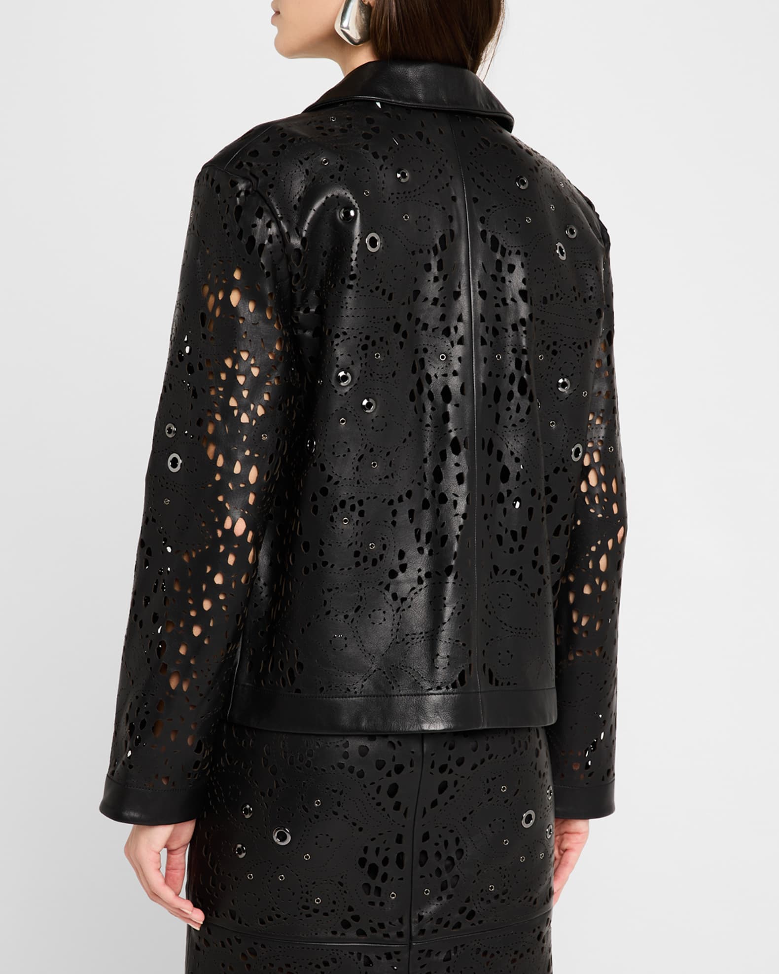 St. John Lace Lasercut Leather Embellished Jacket | Neiman Marcus