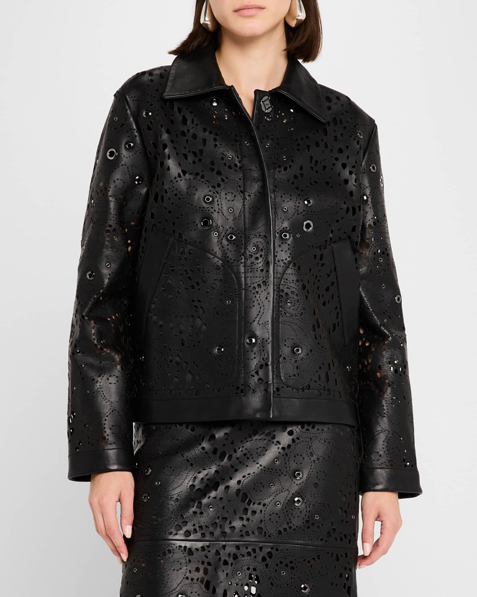 St. John Lace Lasercut Leather Embellished Jacket | Neiman Marcus