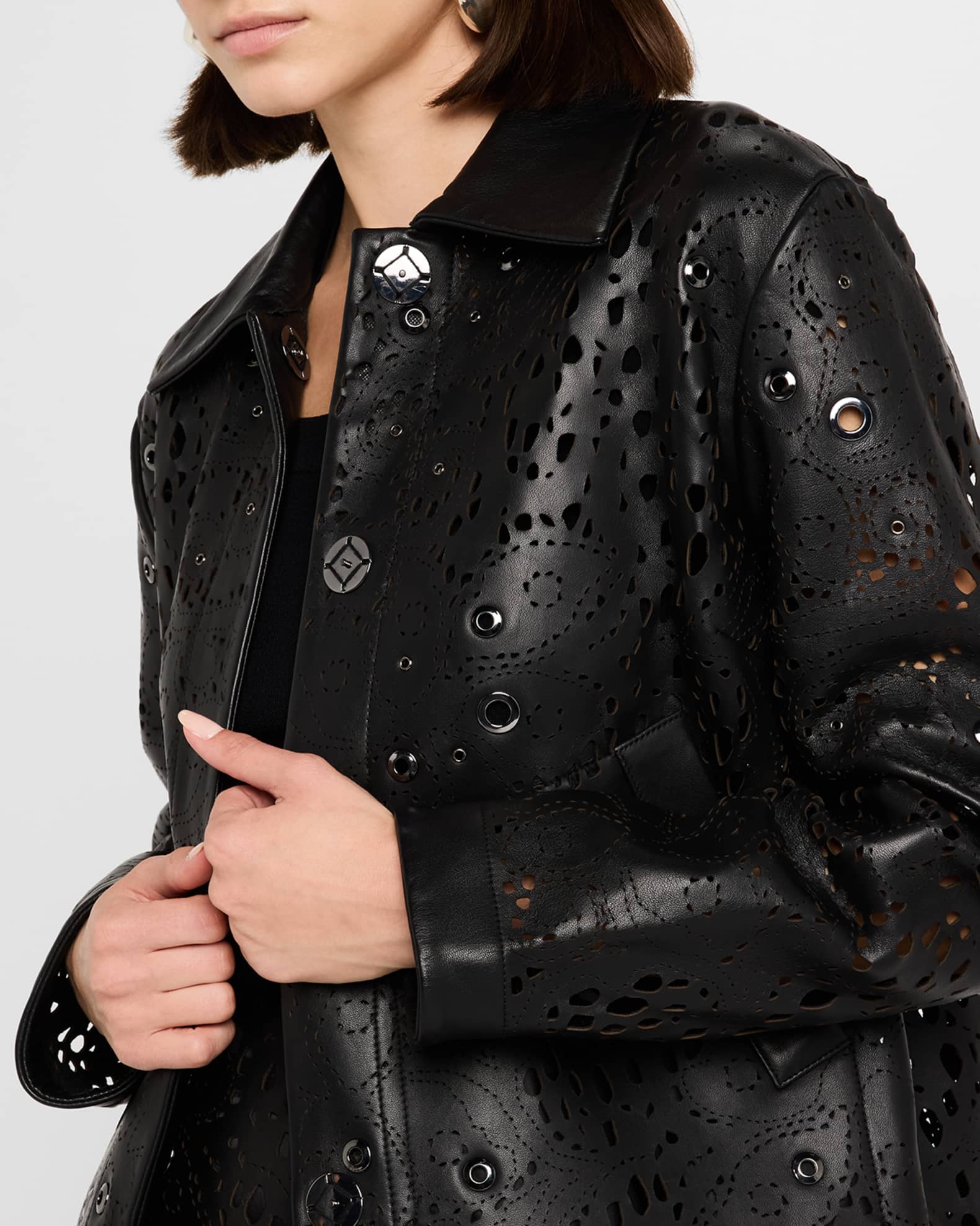 St. John Lace Lasercut Leather Embellished Jacket | Neiman Marcus