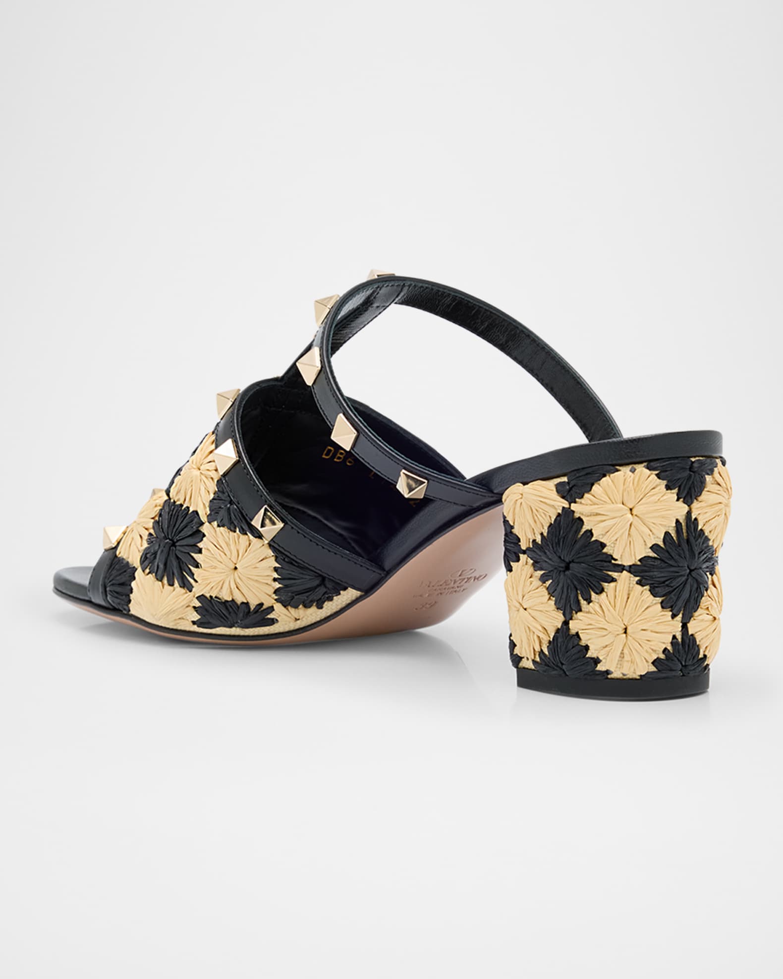 Valentino Garavani Rockstud Raffia T-Strap Slide Sandals | Neiman Marcus