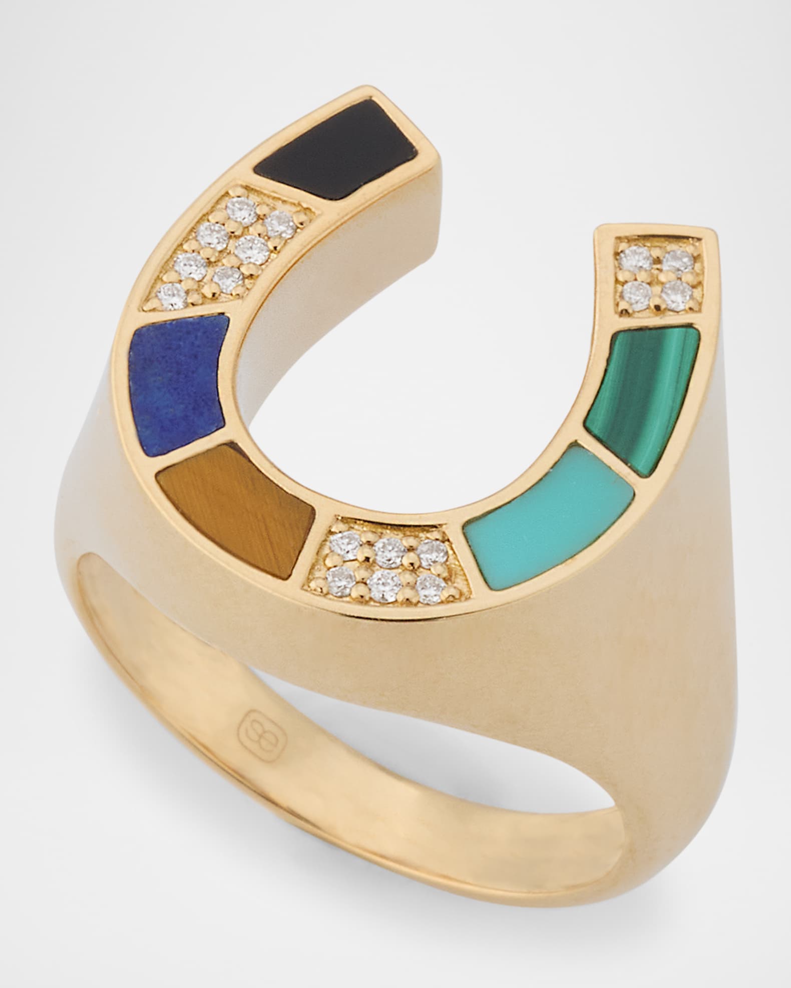 Sydney Evan 14K Yellow Gold Mosaic Horshoe Signet Ring with Diamonds ...