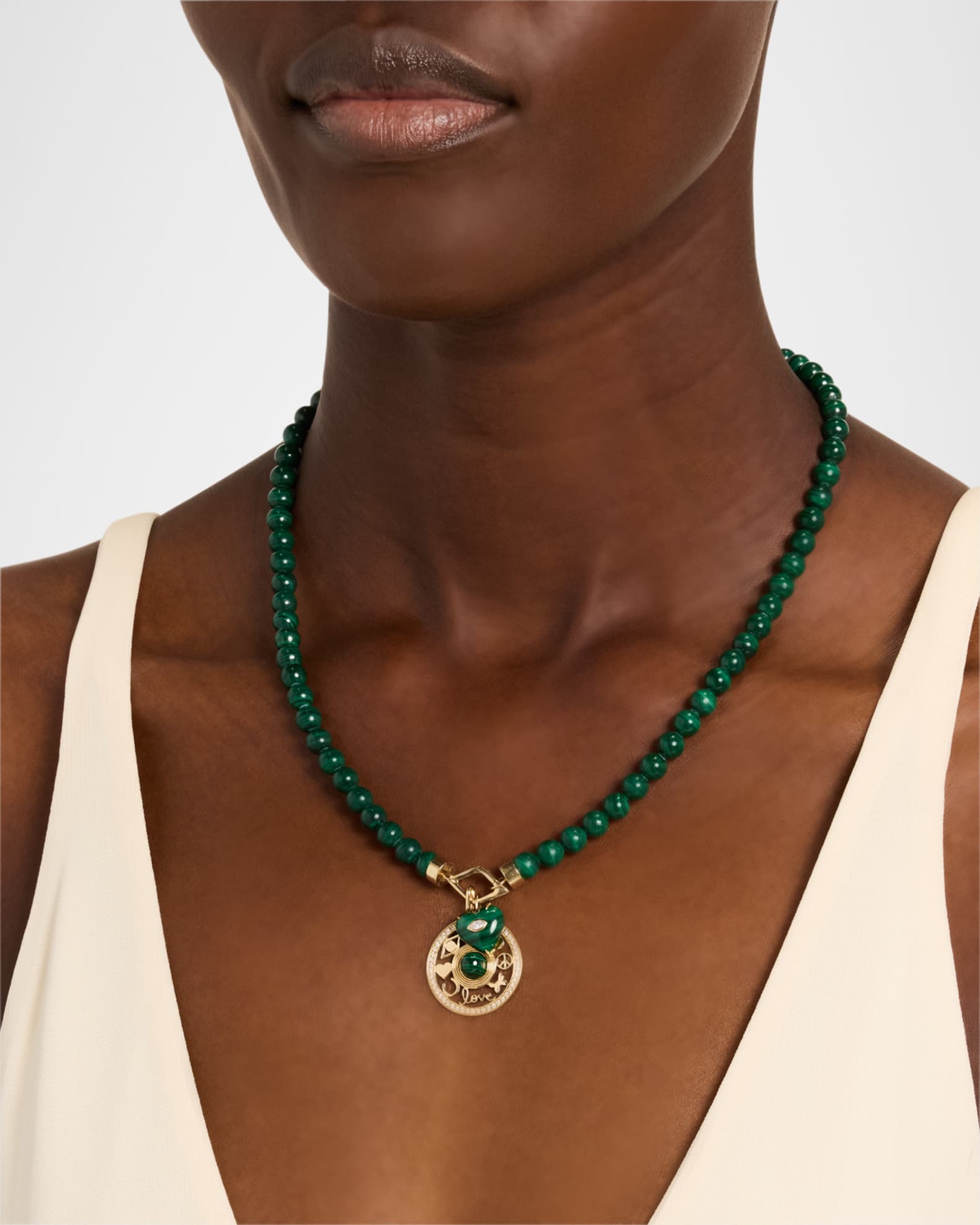 Sydney Evan Malachite Open Icon and Carved Heart Necklace | Neiman Marcus