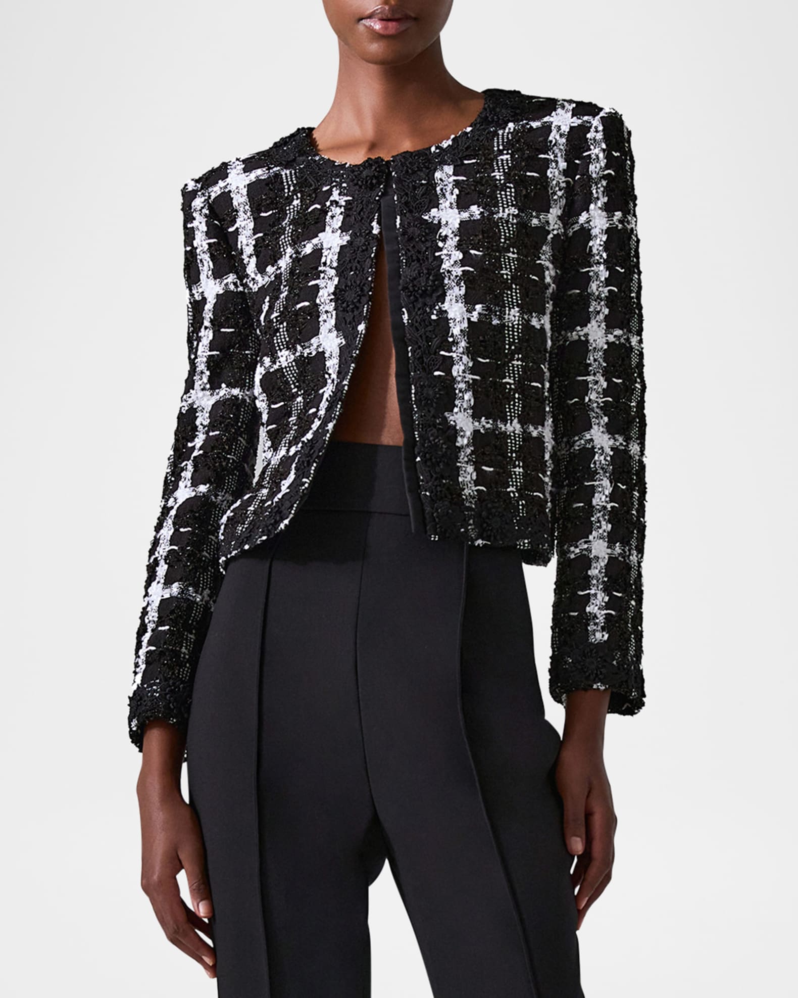 Carolina Herrera Collarless Metallic Check Tweed Crop Jacket | Neiman ...