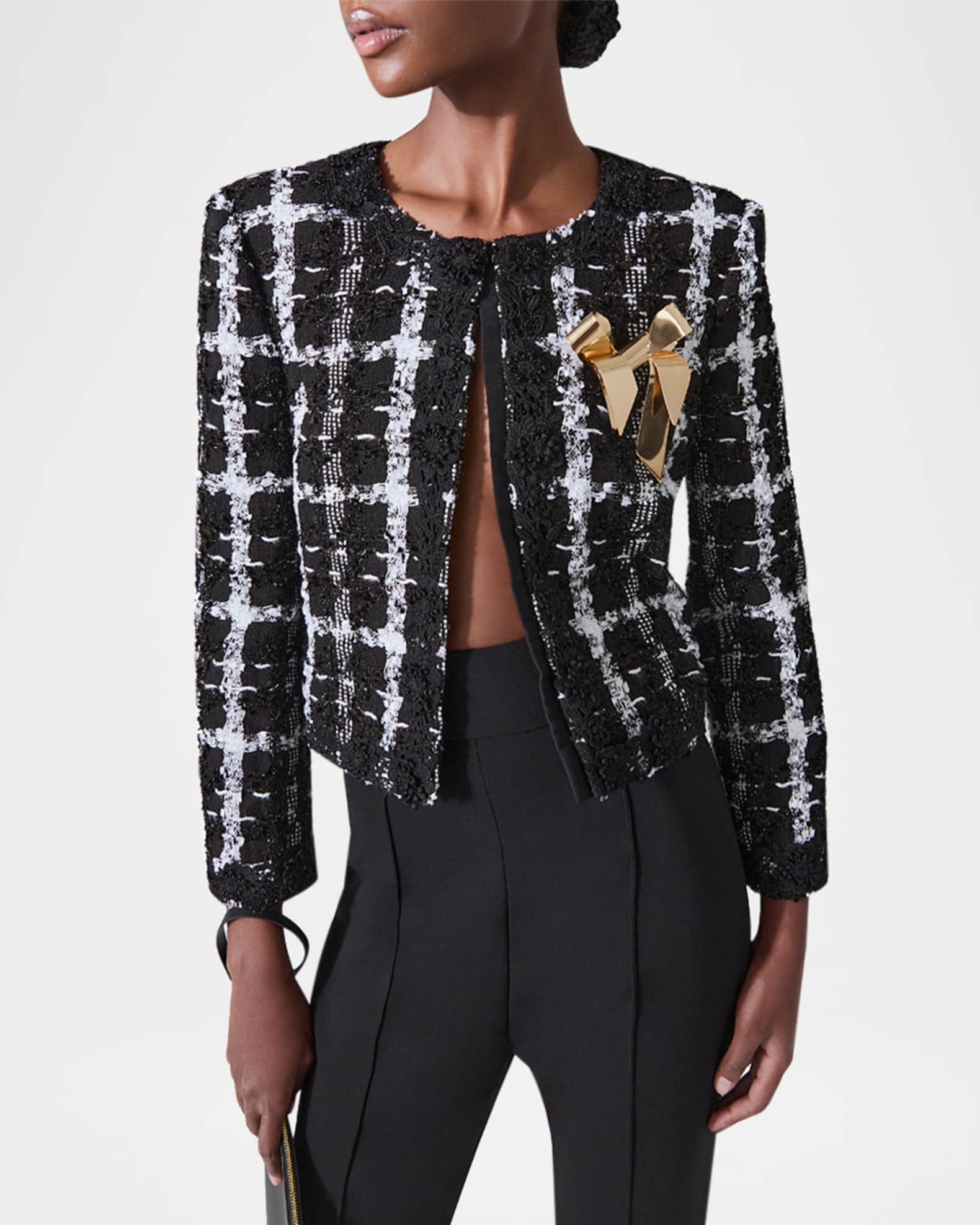 Carolina Herrera Collarless Metallic Check Tweed Crop Jacket | Neiman ...