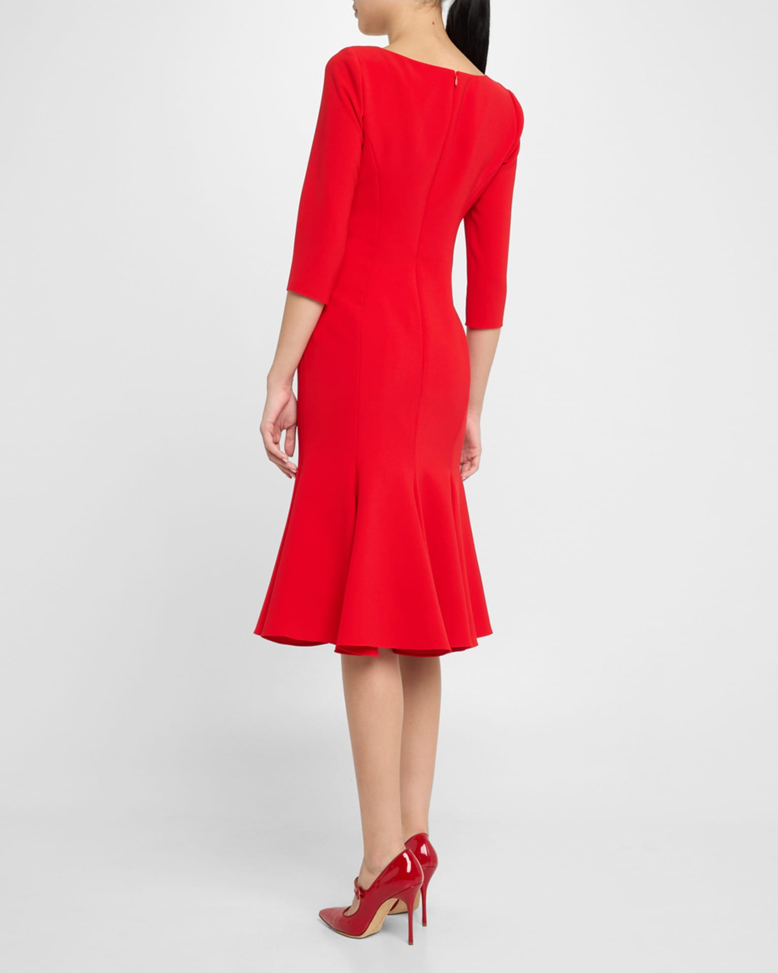 Carolina Herrera Square-Neck 3/4-Sleeve Midi Trumpet Dress | Neiman Marcus