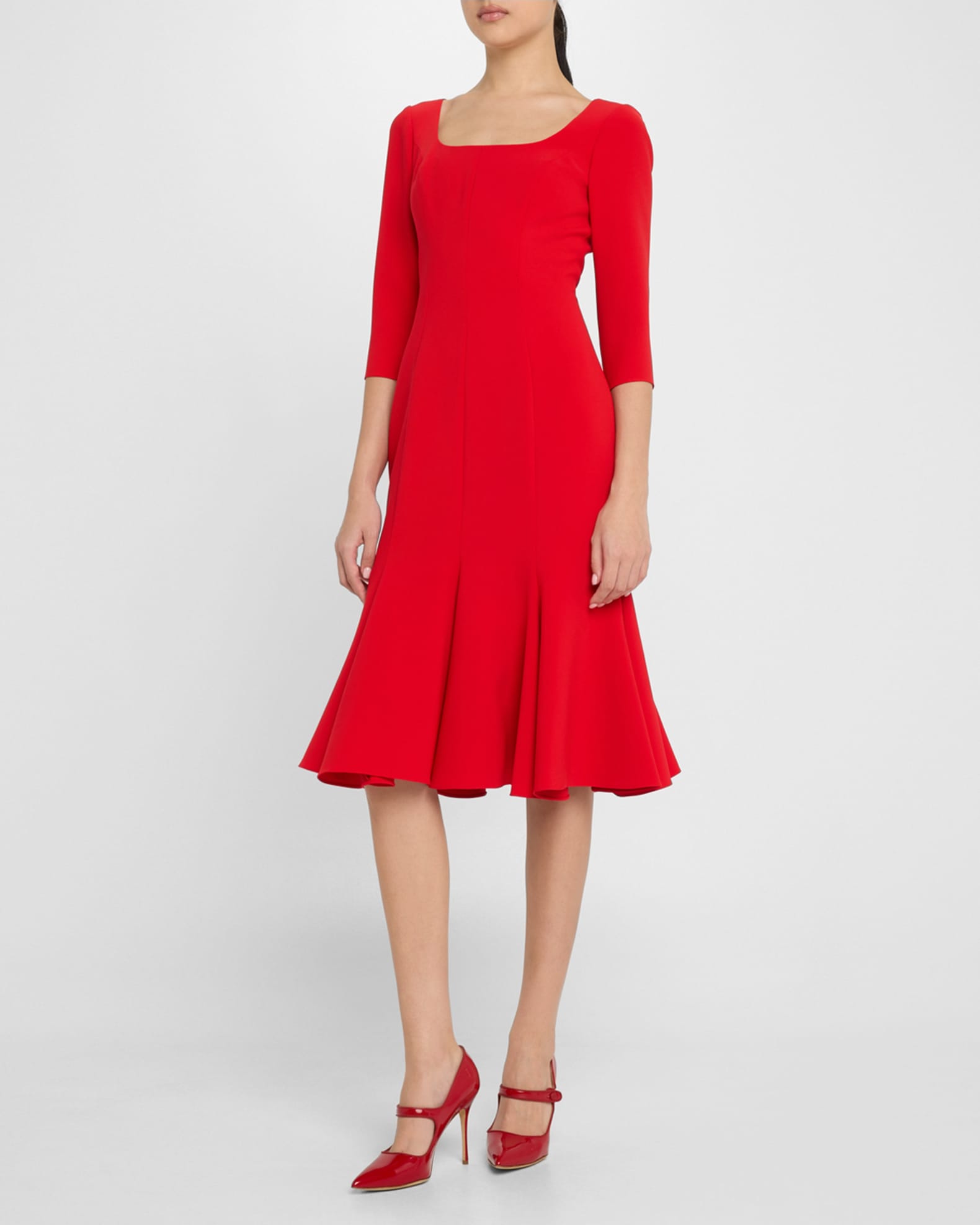 Carolina Herrera Square-Neck 3/4-Sleeve Midi Trumpet Dress | Neiman Marcus